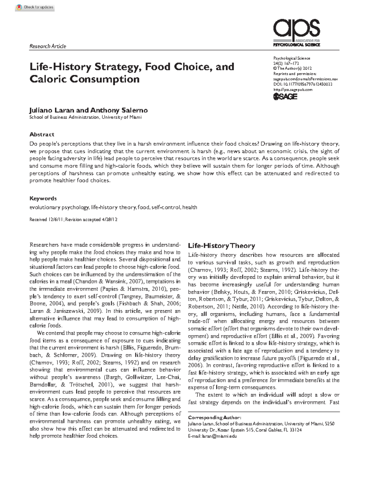3 Laran and Salerno - 2013 - Life-History Strategy, Food Choice, and ...