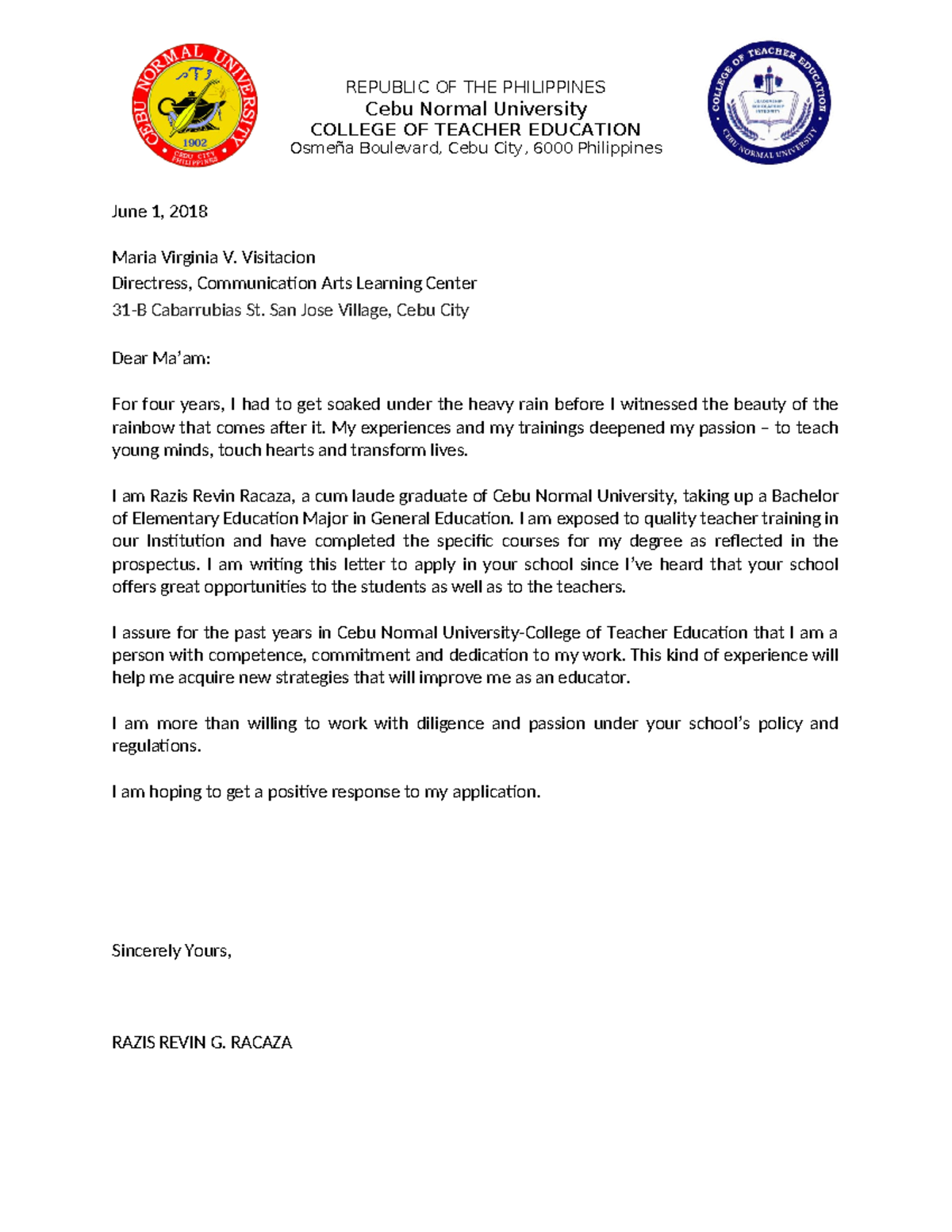 Application letter - REPUBLIC OF THE PHILIPPINES Cebu Normal University ...