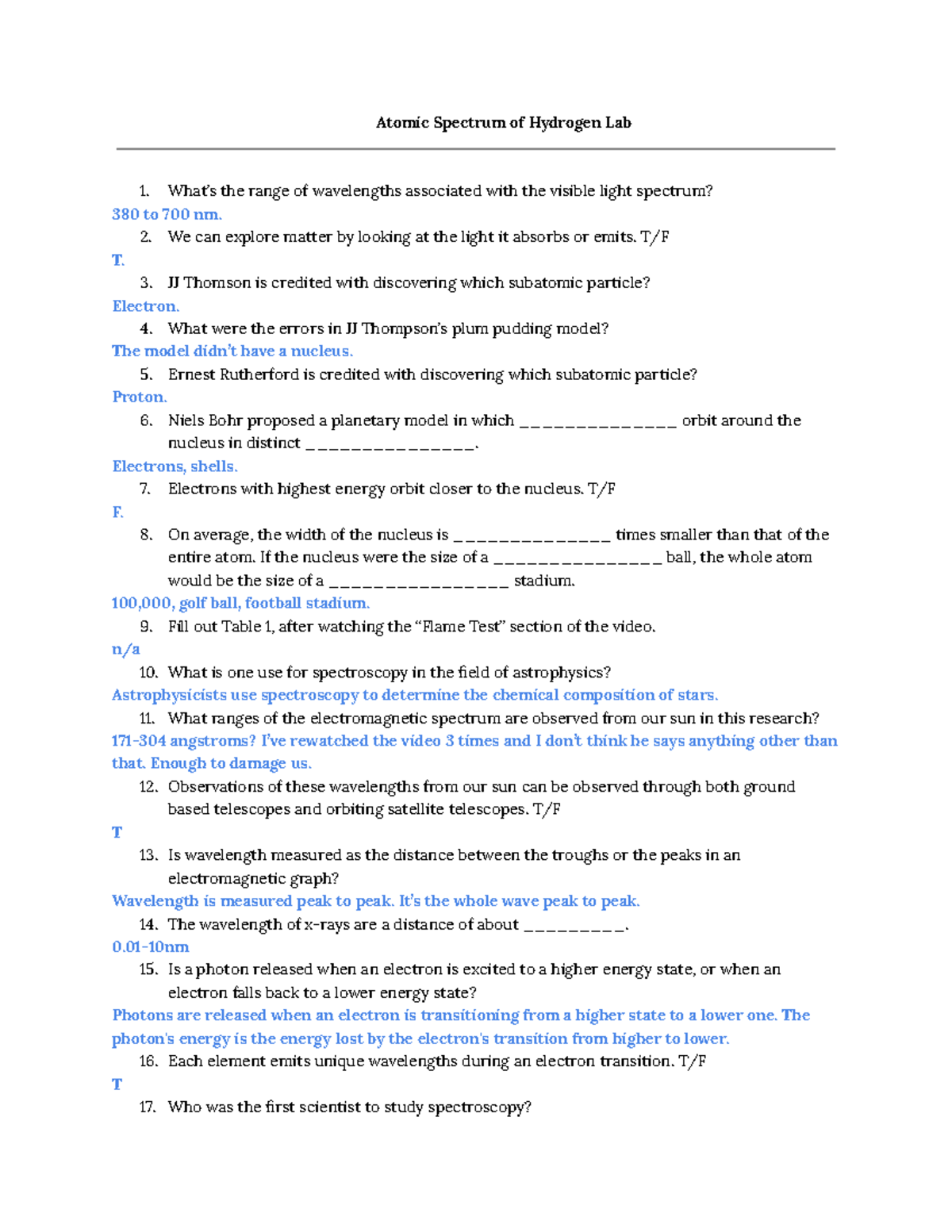 Atomic Spectrum of Hydrogen Lab Chem 221 - Atomic Spectrum of Hydrogen ...