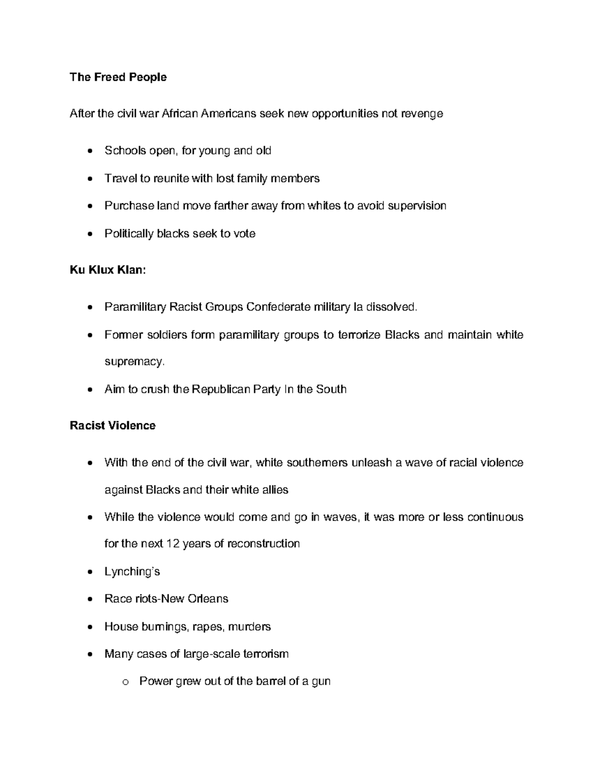Slide notes exam 1 - n/a - The Freed People After the civil war African ...