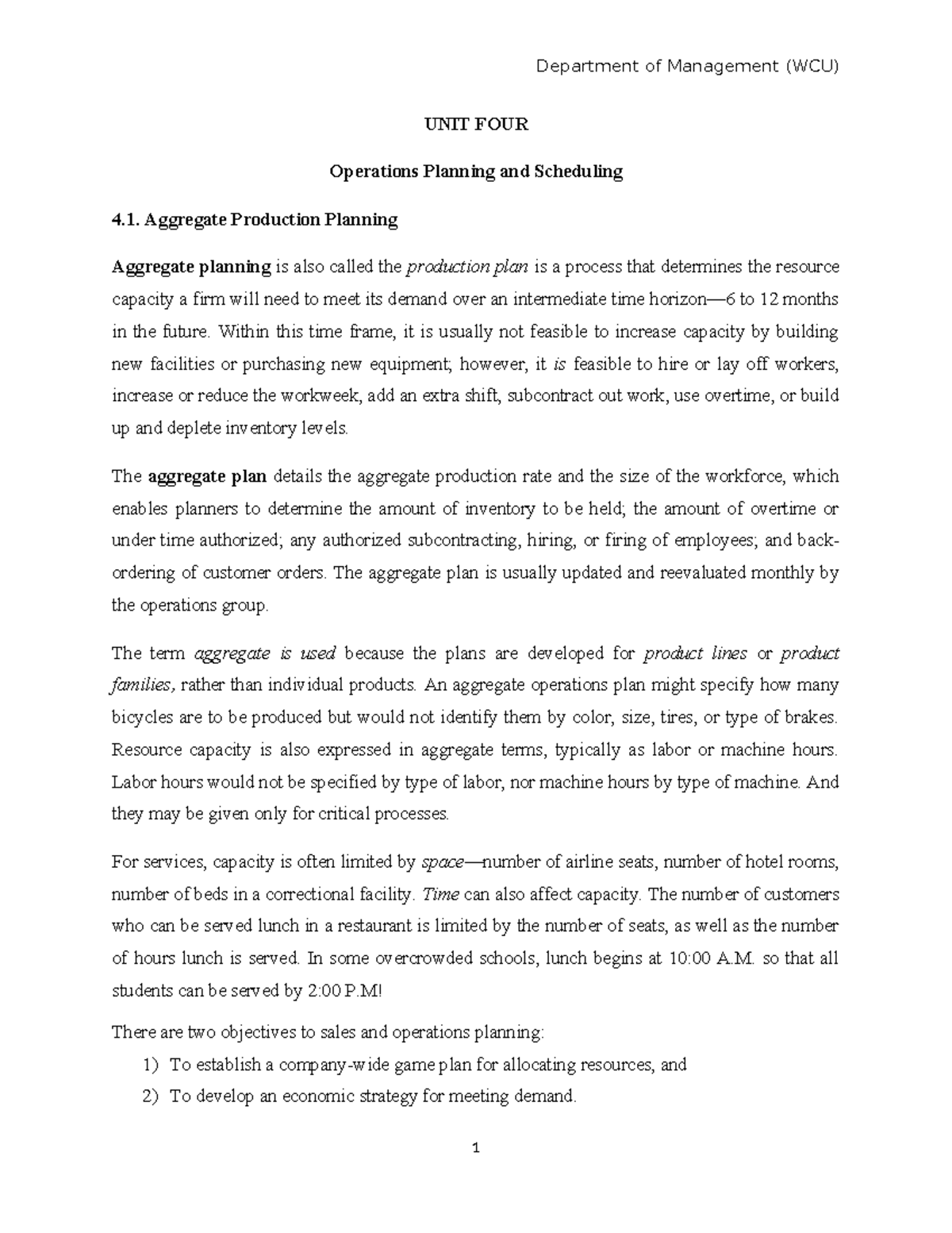 OM- Chapter 4 edted - Lecture Notes - UNIT FOUR Operations Planning and ...