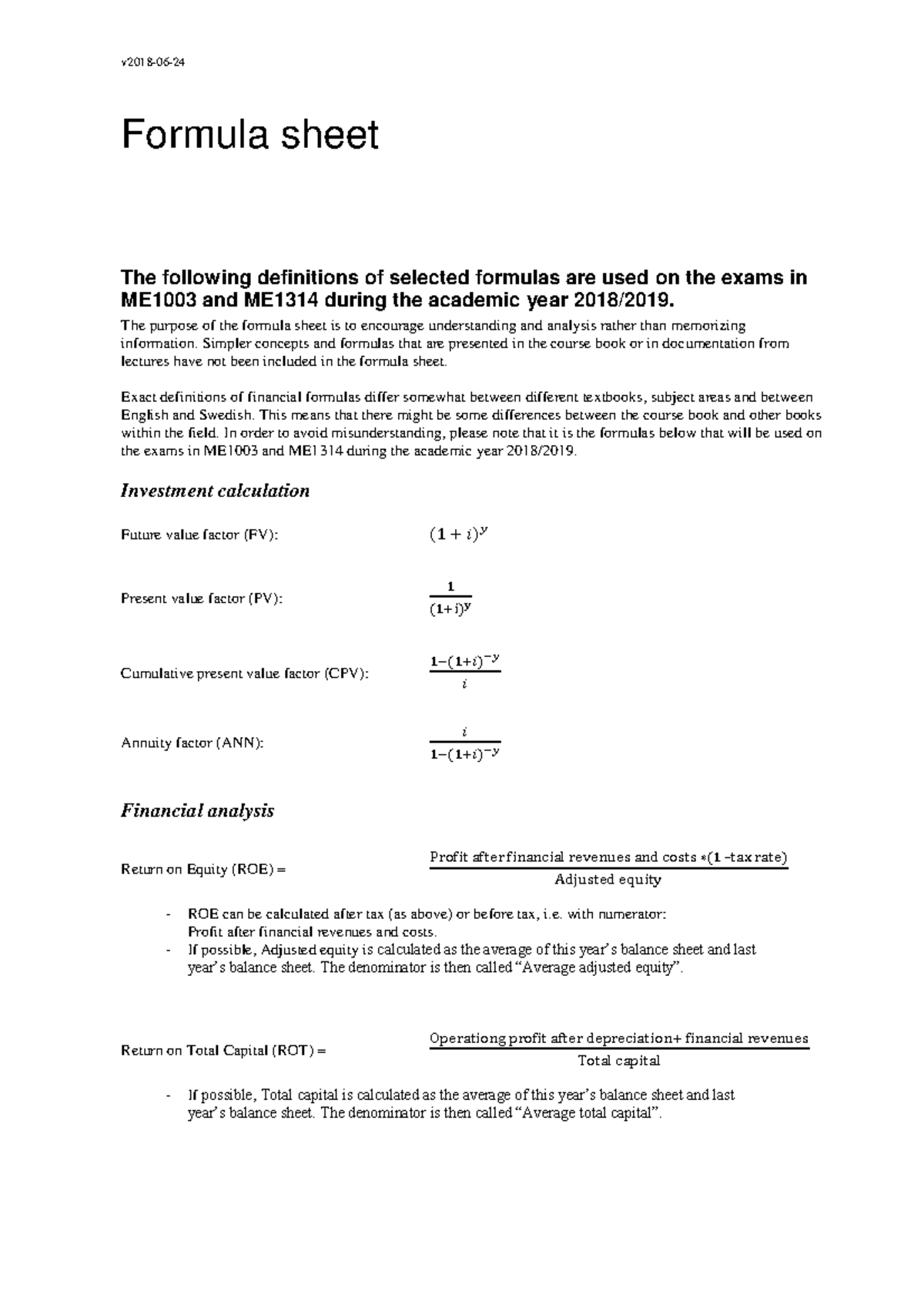 Formula sheet - v2018- 06 - Formula sheet The following definitions of ...