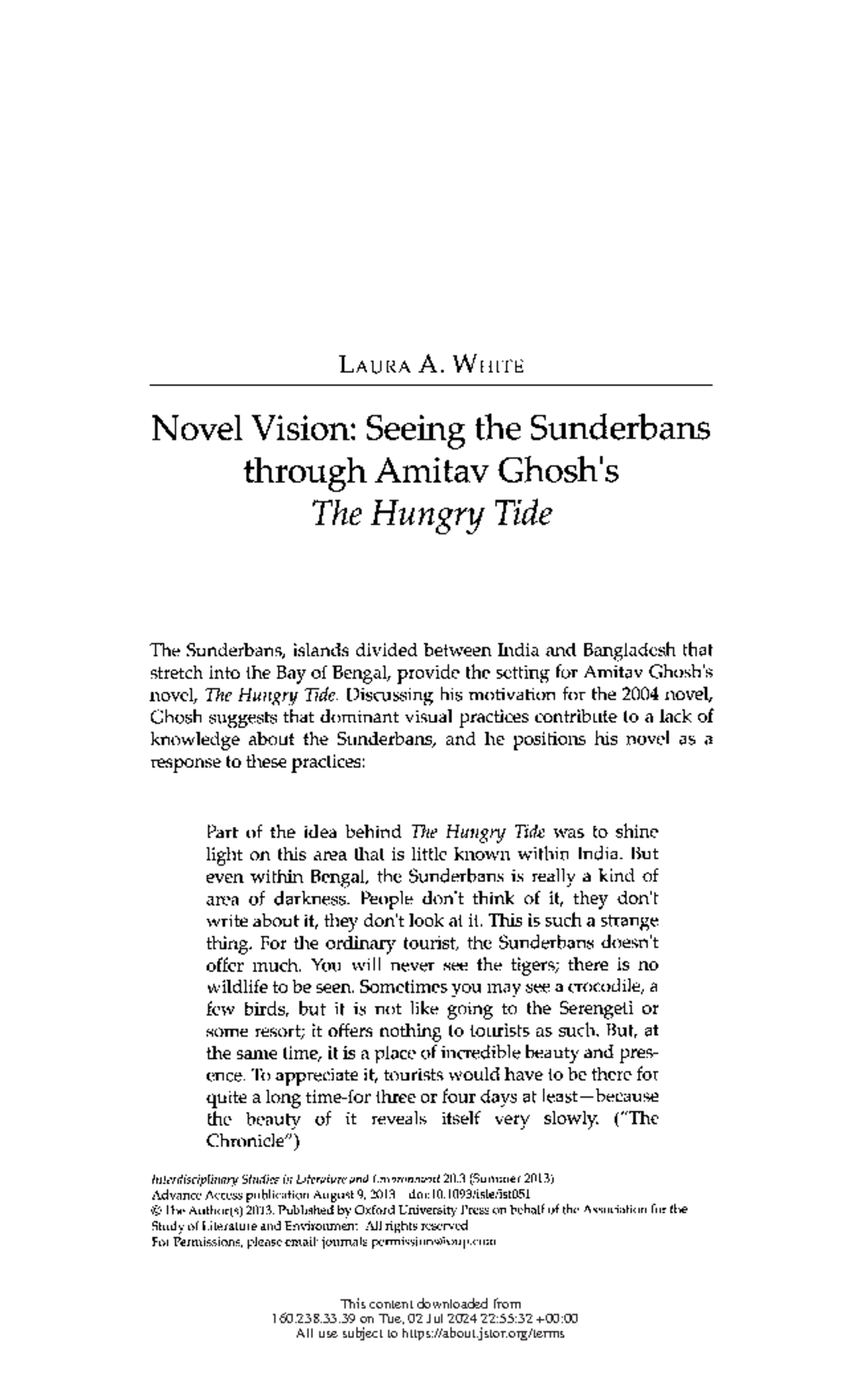 Seeing the Sunderbans through Amitav Ghosh's The Hungry Tide - Laura A ...