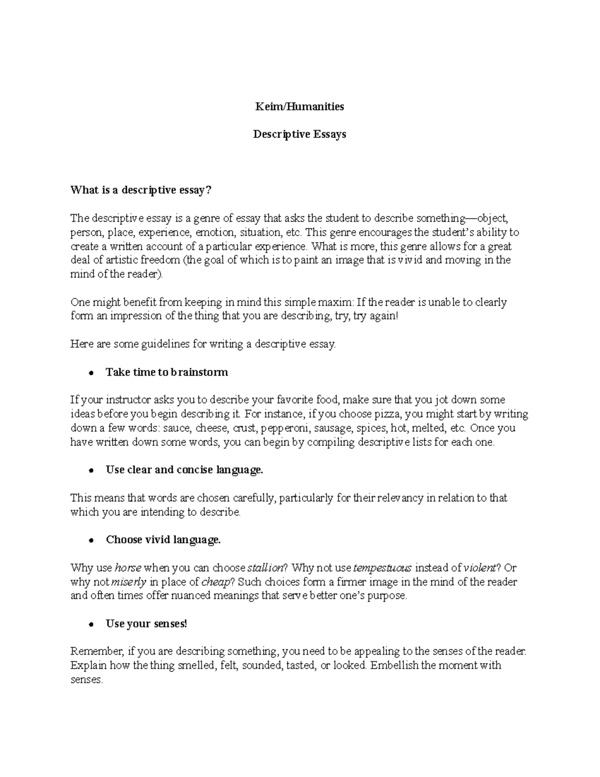 Destinee Ramirez - Descriptive Essays notes - Keim/Humanities ...