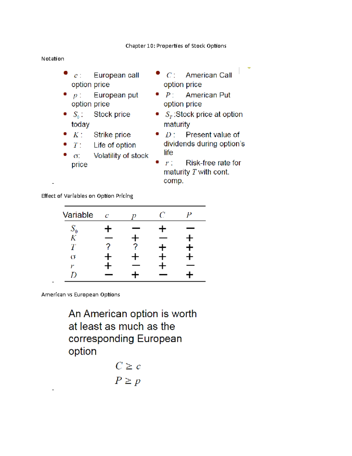 Chapter 10 - Chapter 10: Properties of Stock Options Notation - Effect ...