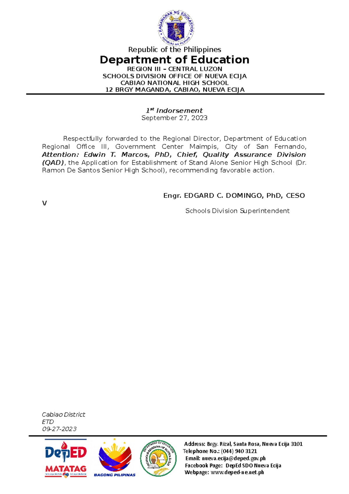 Endorsement-updated - N/A - Republic of the Philippines Department of ...