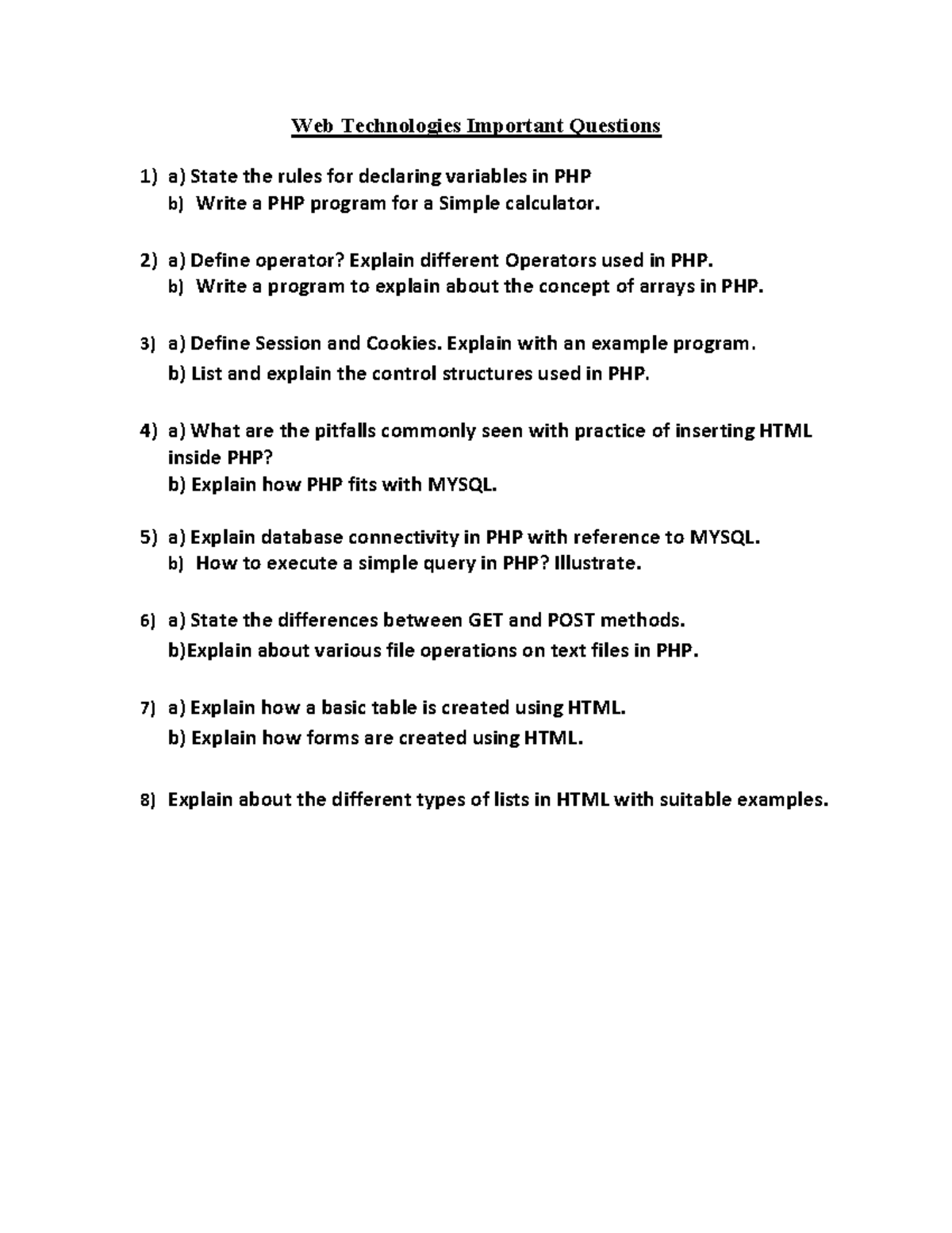 WT Important Questions - Web Technologies Important Questions 1) a ...