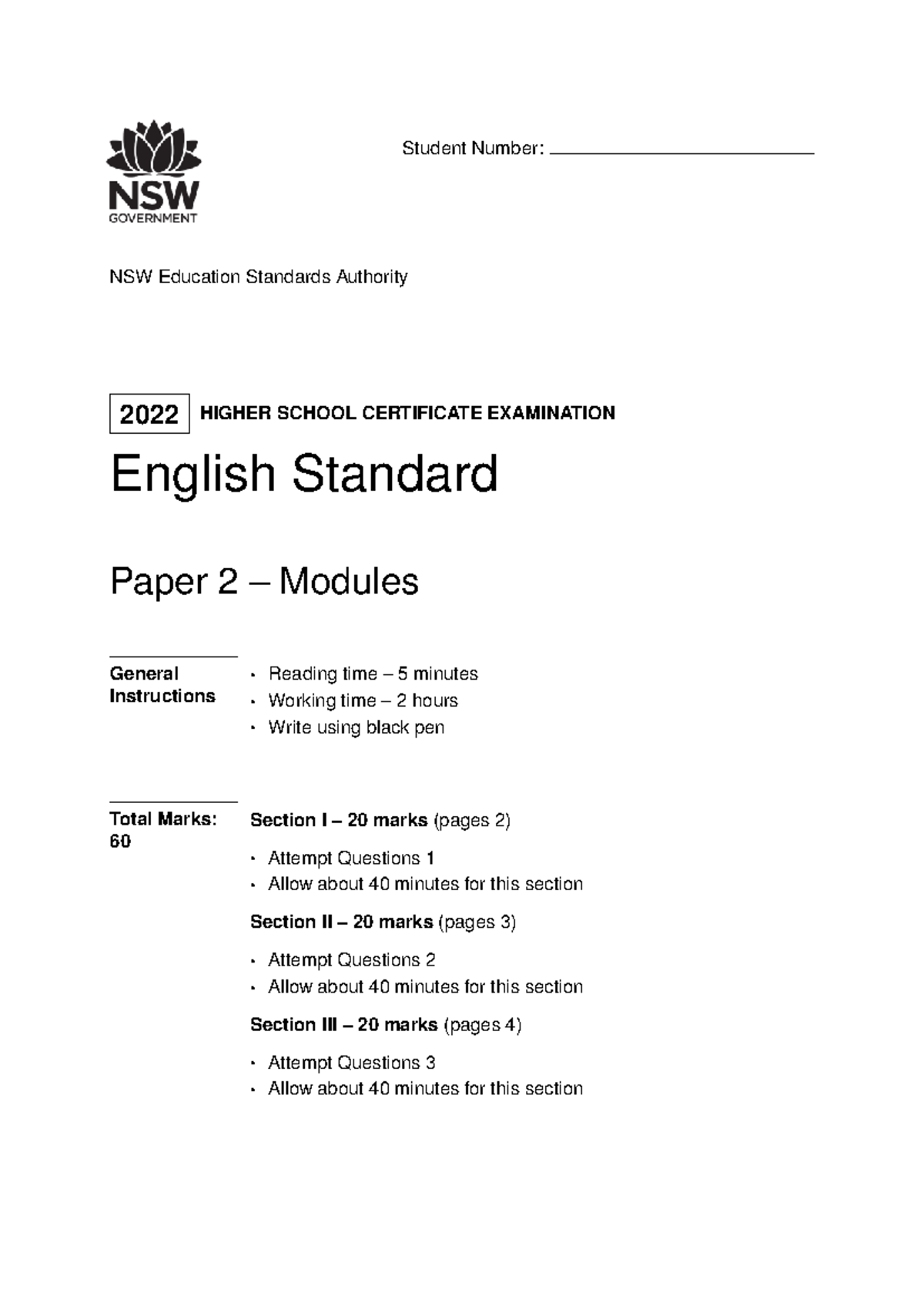 Standard 2 - Student Number: NSW Education Standards Authority 2022 ...