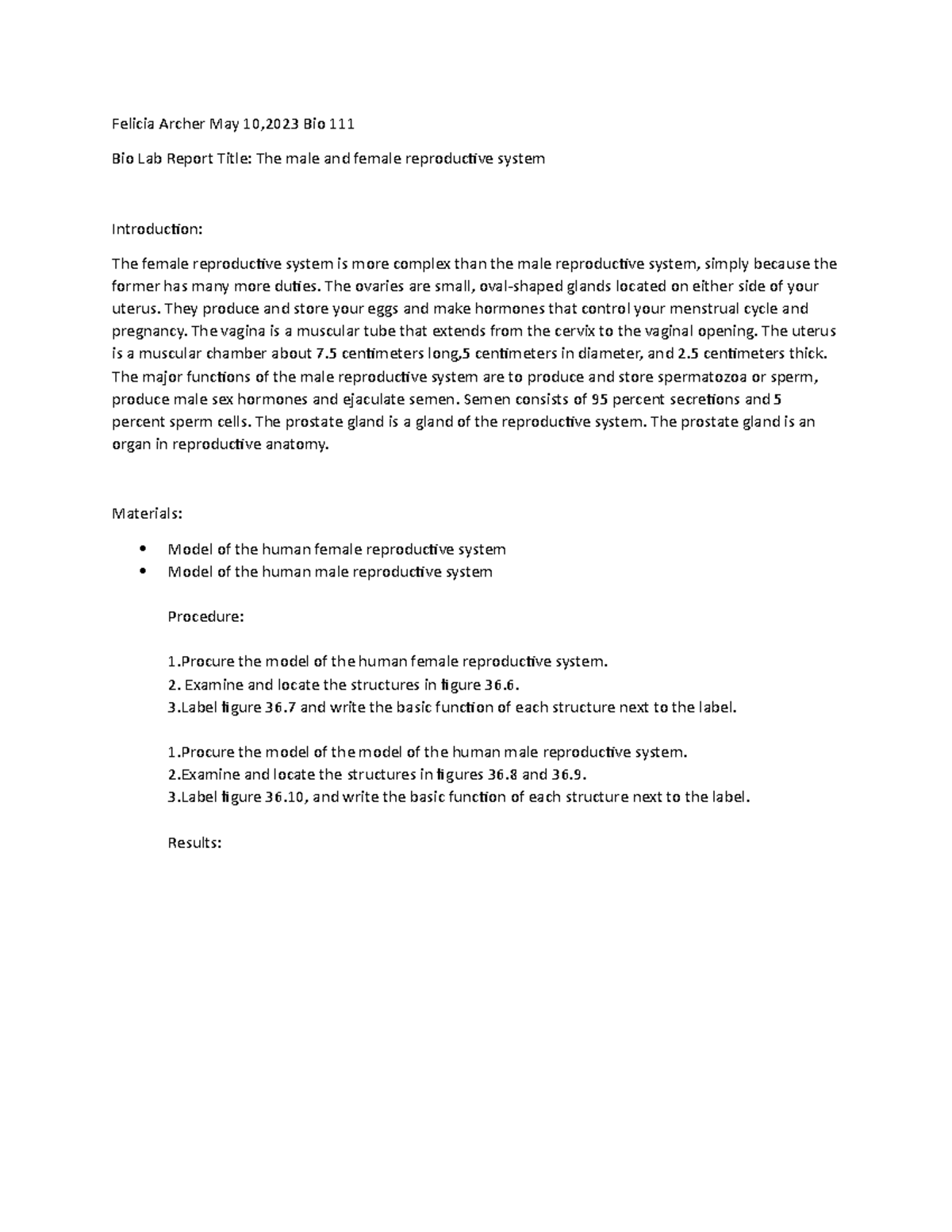 Felicias Bio 111 Lab Report - Felicia Archer May 10,2023 Bio 111 Bio ...