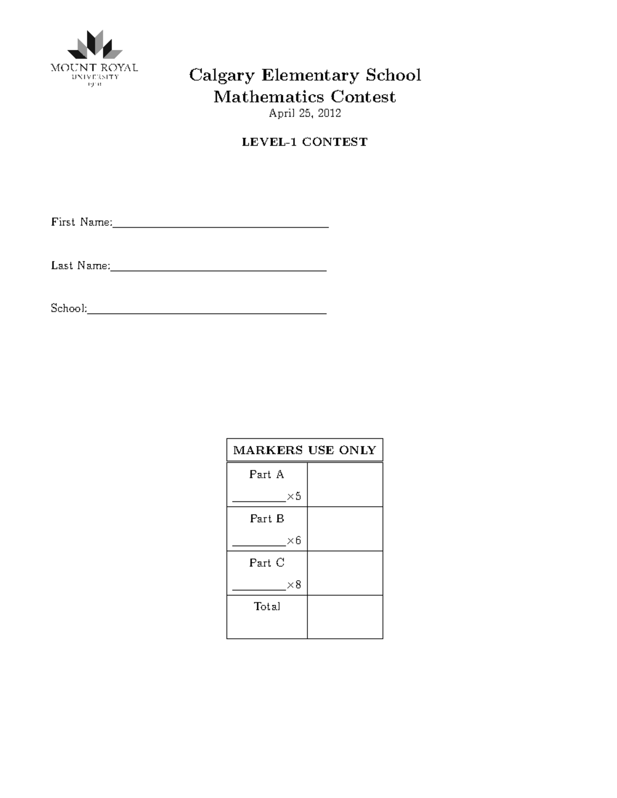 Cesmc 2012 Level 1 Contest Paper - Calgary Elementary School ...
