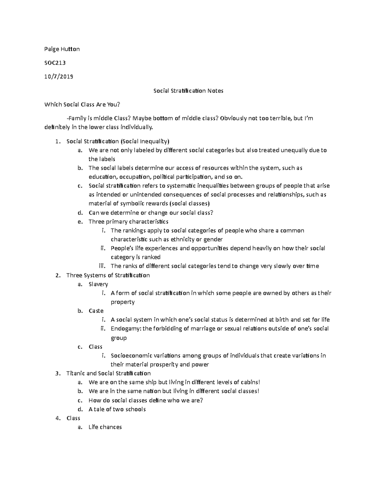 SOC213 Social Stratification Notes - Paige Hutton SOC 10/7/ Social ...