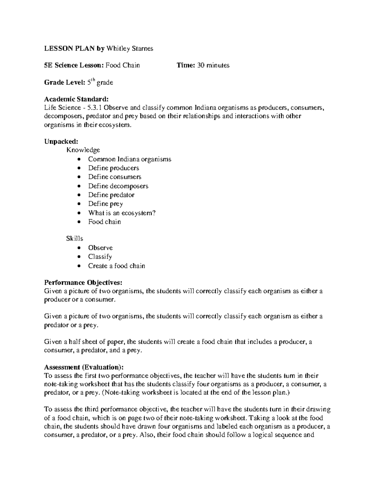 E3-Food Chain Lesson - ...... - LESSON PLAN by Whitley Starnes 5E ...