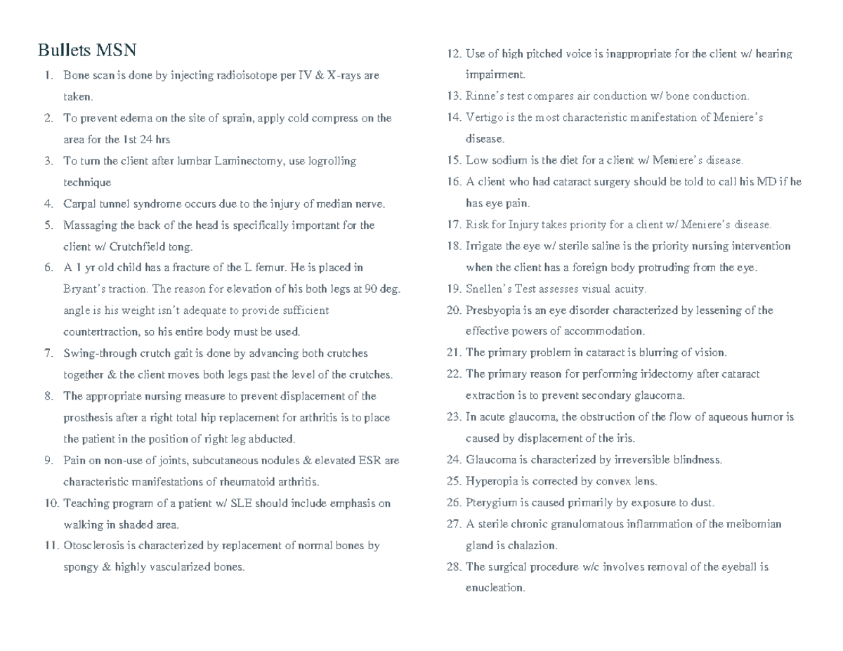 Medical-surgical Nursing Bullets - bs nursing - SWU - Studocu