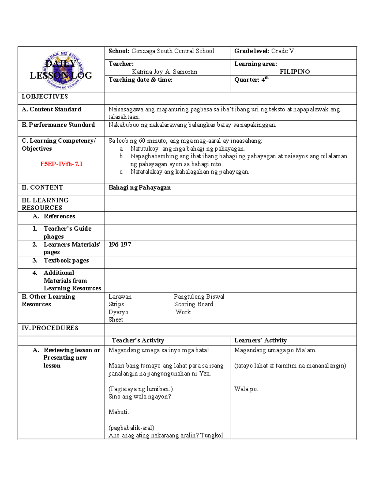 Detailed lesson plan in Filipino - School: Gonzaga South Central School ...