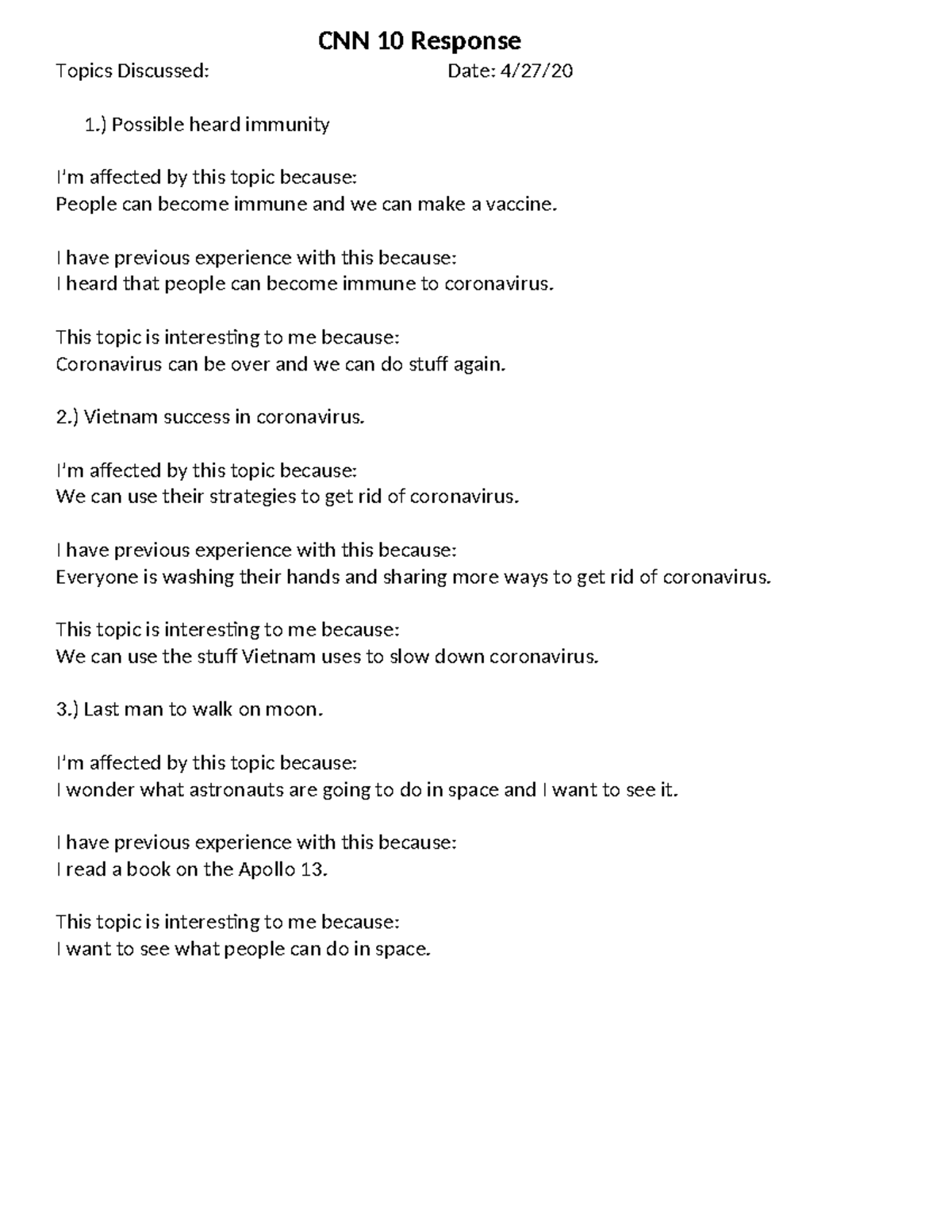 CNN 10 Response 3 copy - art - CNN 10 Response Topics Discussed: Date ...