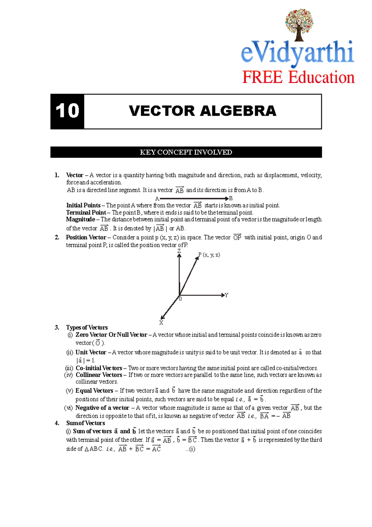 Chapter-10-1 - Notes - KEY CONCEPT INVOLVED Vector – A vector is a ...