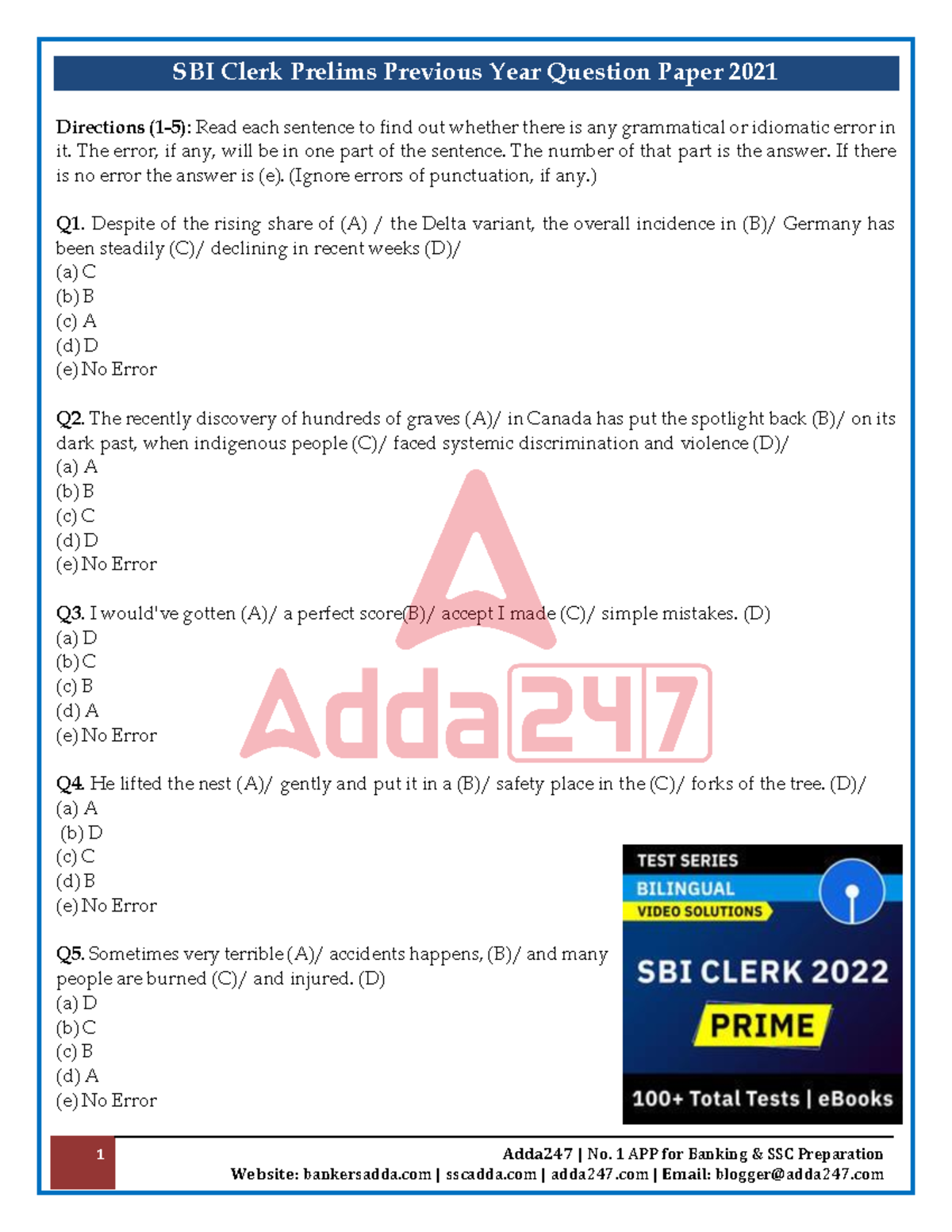Sbi clerk prelims question paper 2021 - 1 Adda247 | No. 1 APP for ...