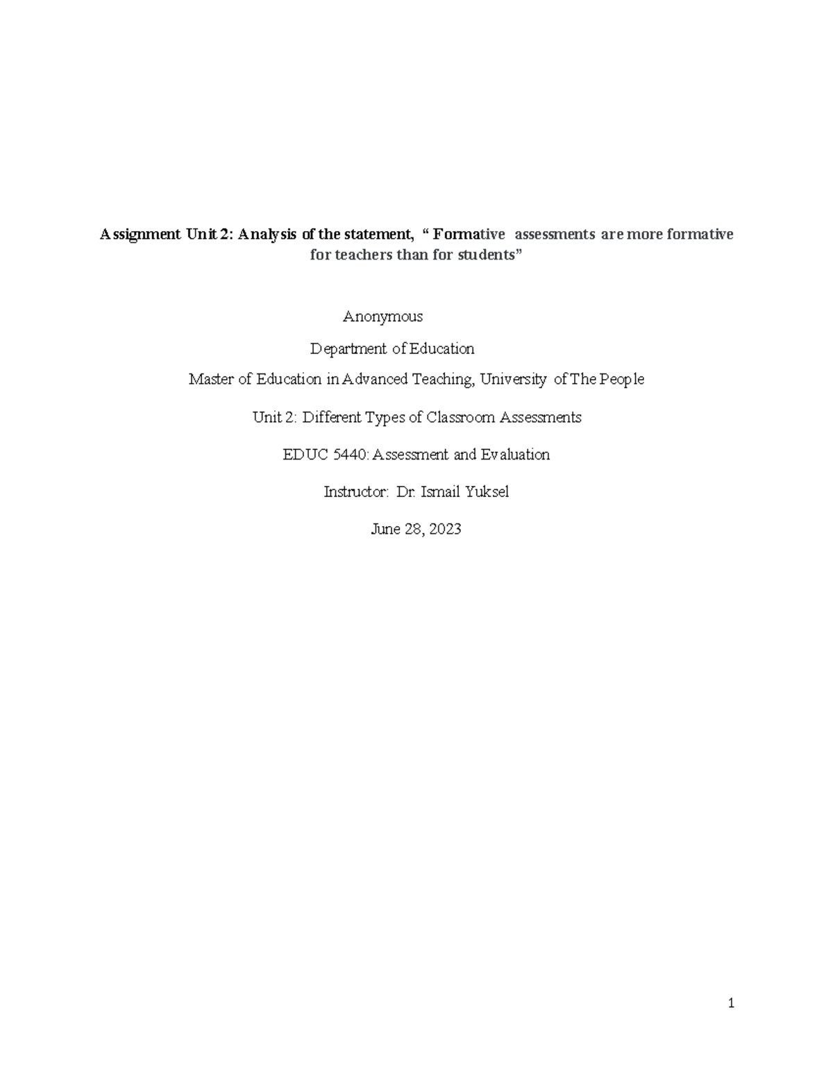 Assignment No. 2 for Unit 2 of EDUC5440 - Assignment Unit 2: Analysis of the statement ...