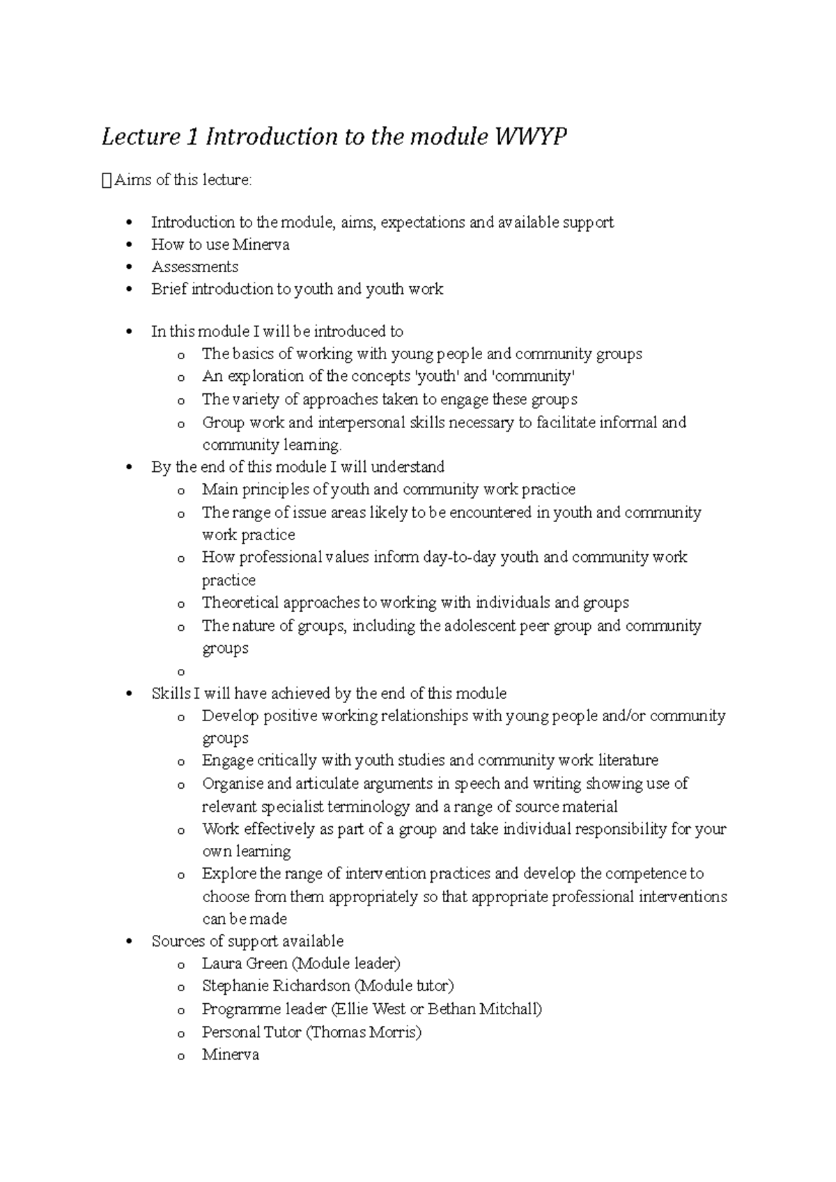 WWYP Introduction to module - Lecture 1 Introduction to the module WWYP ...