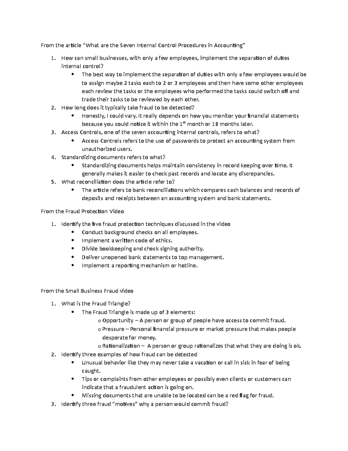 Internal Control Questions From The Article What Are The Seven