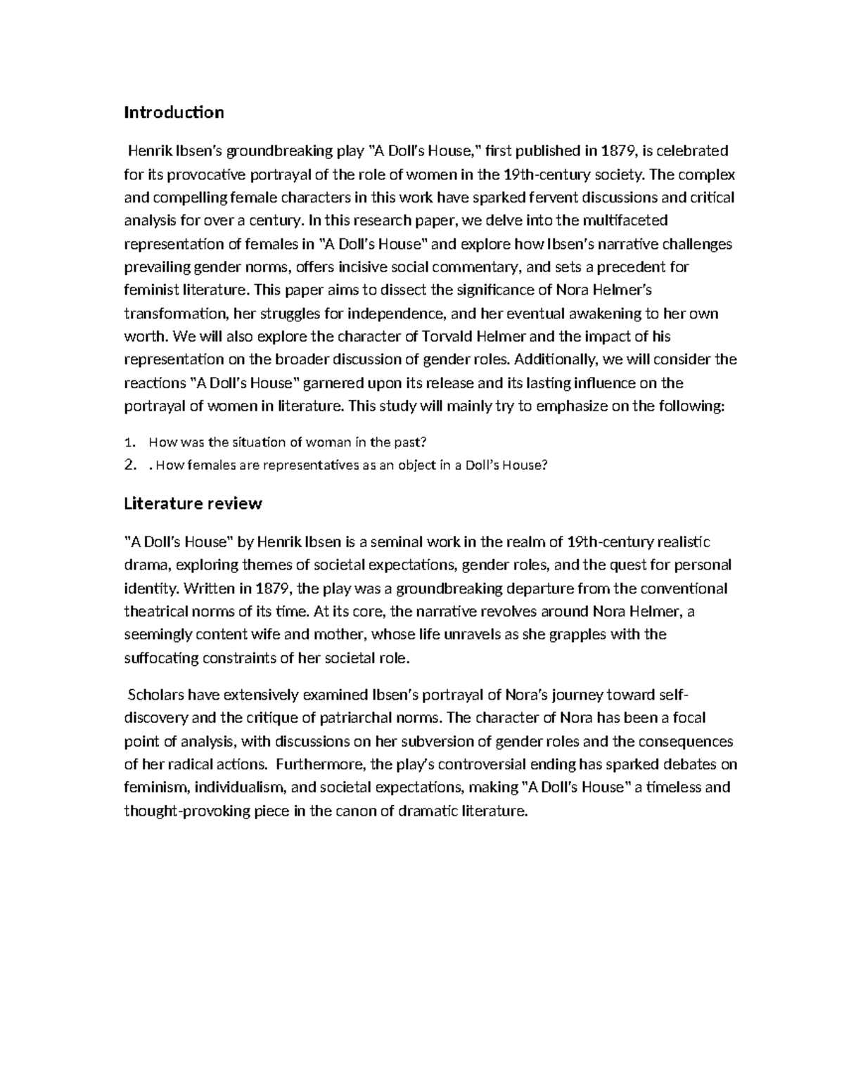 Intro and literature review - Introduction Henrik Ibsen's ...