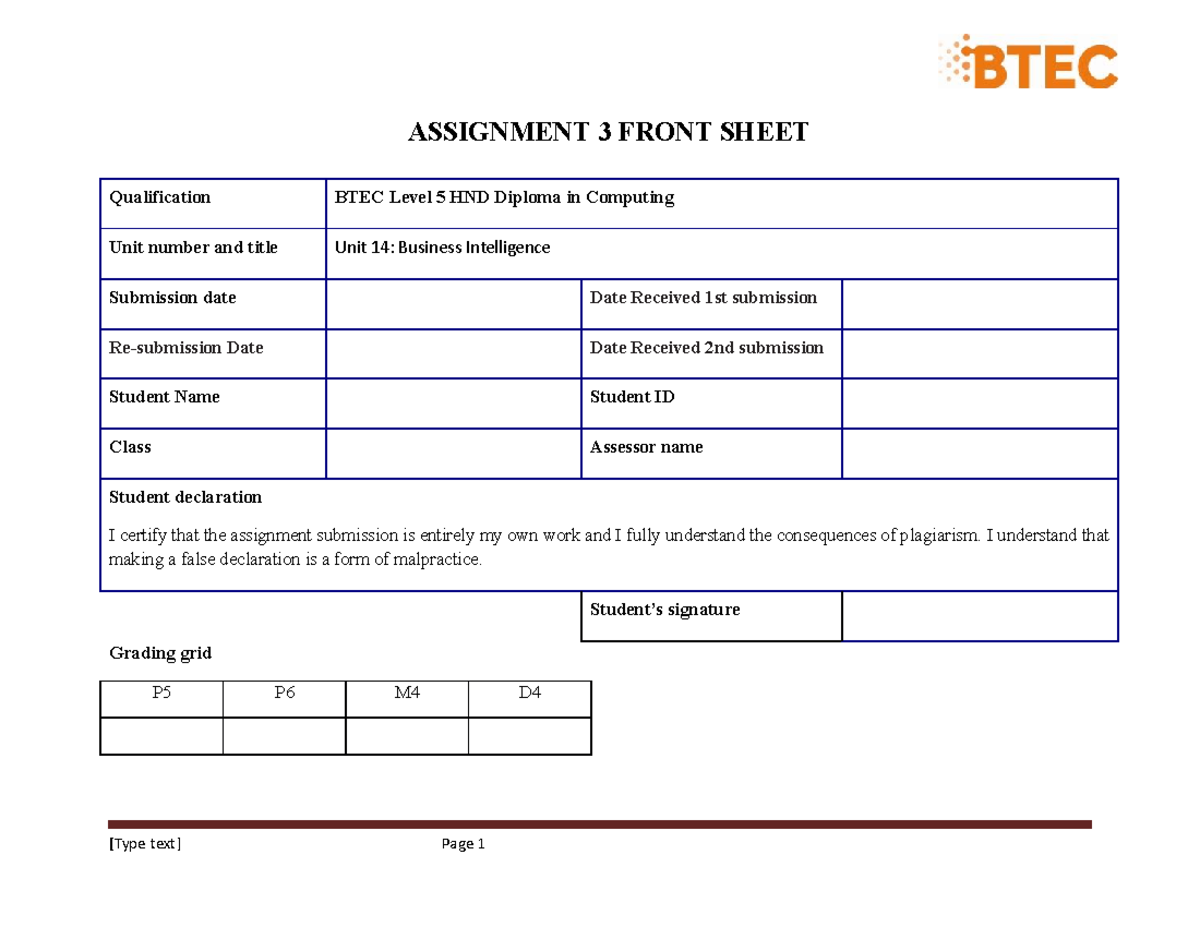 Unit 14 Assignment 3 frontsheet - ASSIGNMENT 3 FRONT SHEET Qualification BTEC Level 5 HND ...