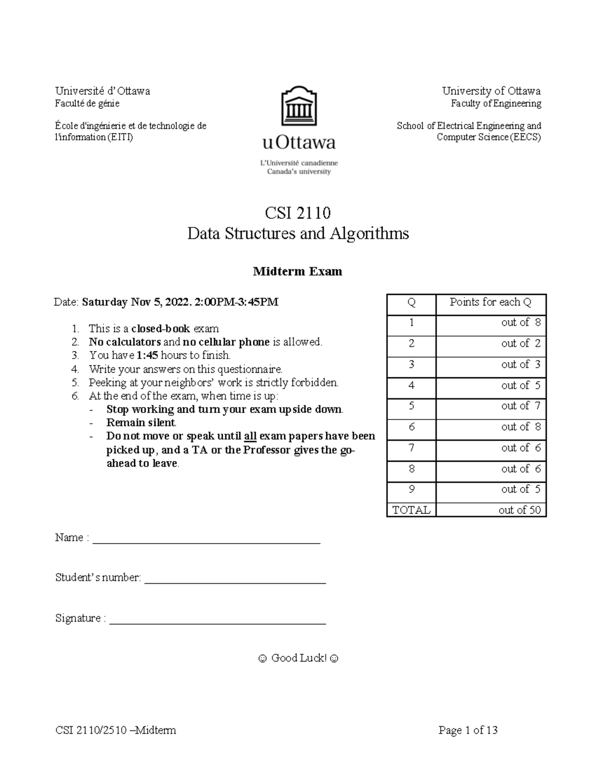 Solution-Midterm-CSI-2110/2510 - Université d’Ottawa Faculté de génie École d'ingénierie et de ...