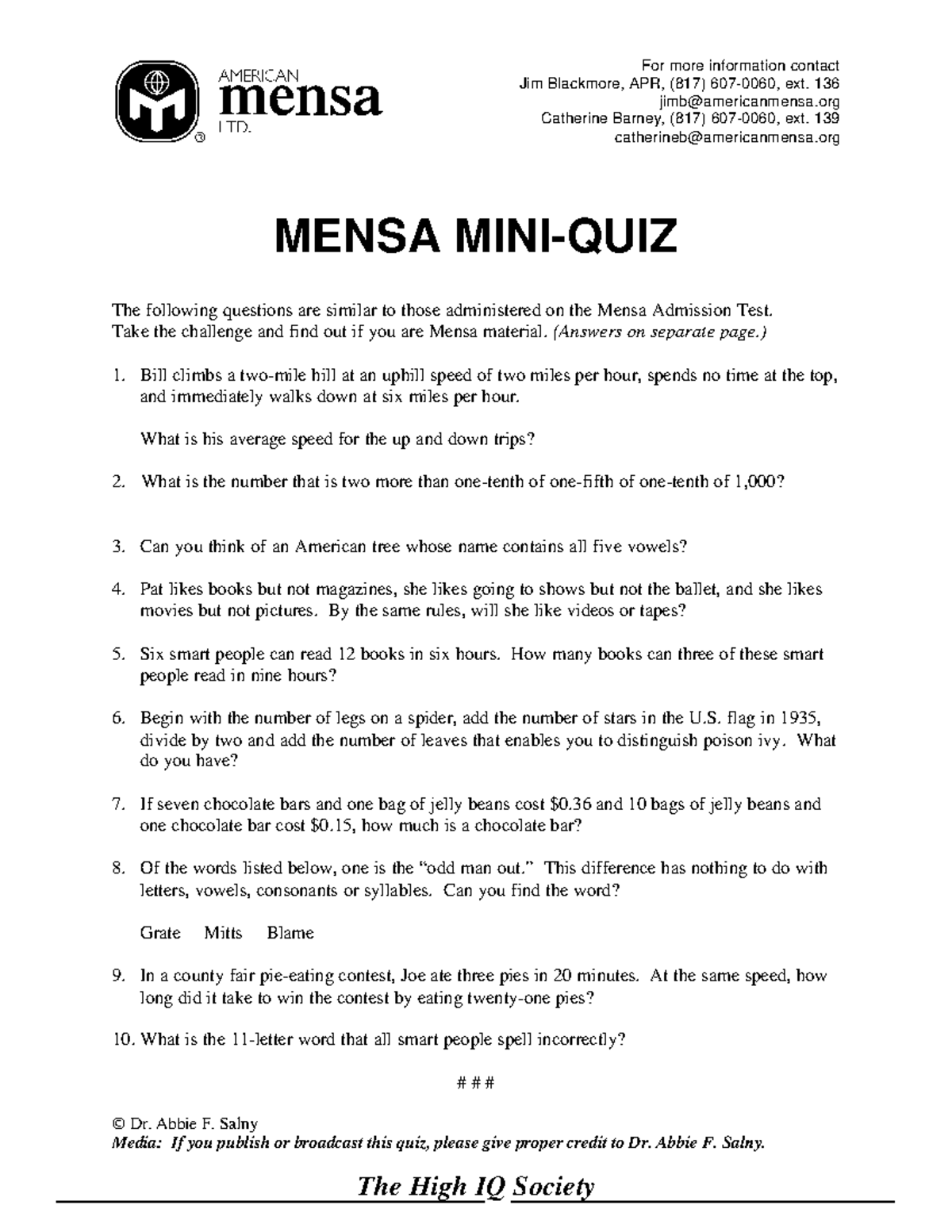 Mensa miniquiz - These are some tough mathematical problems designed for students appearing in ...