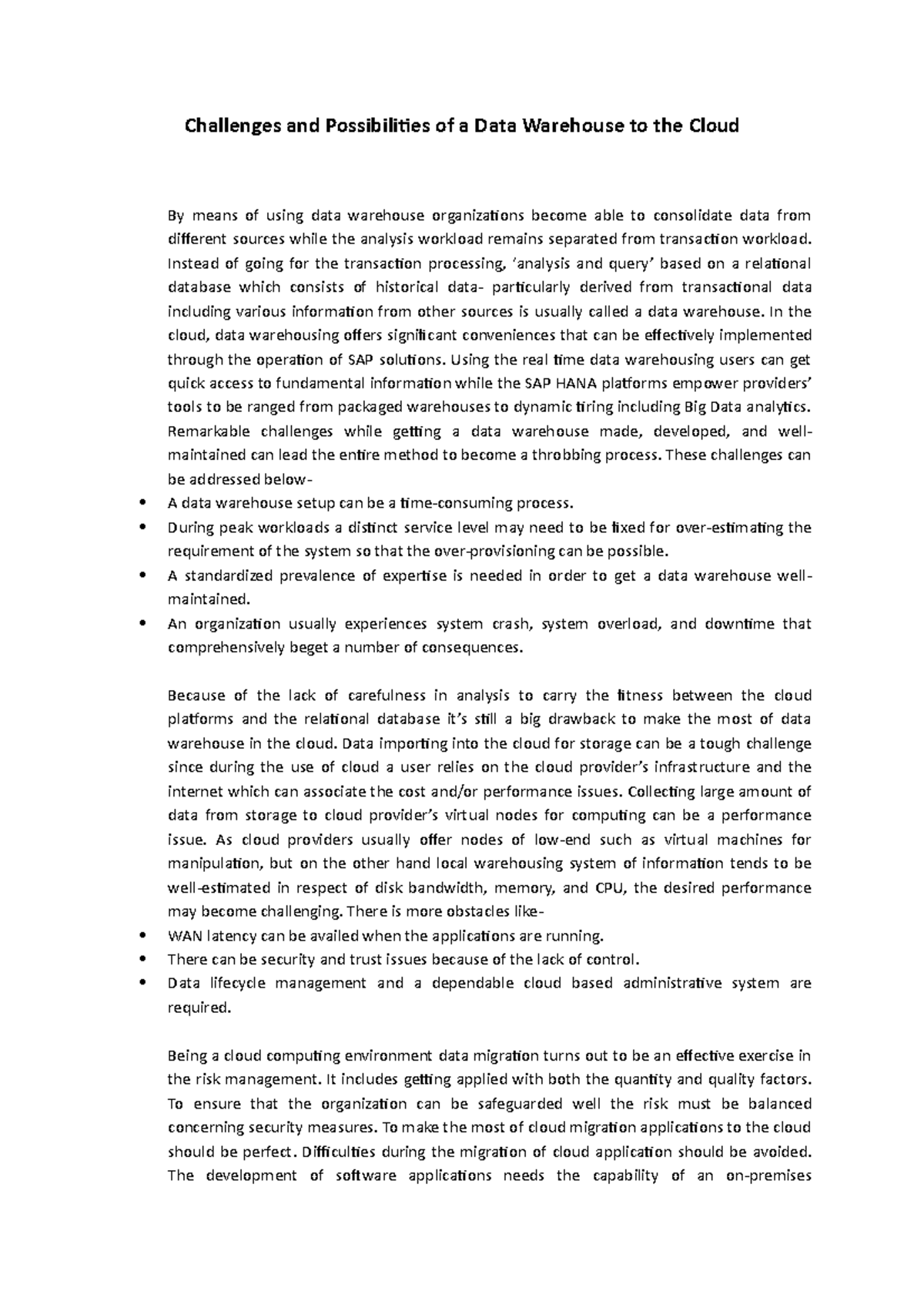 Data warehousing - Grade: B- Challenges and Possibilities of a Data ...