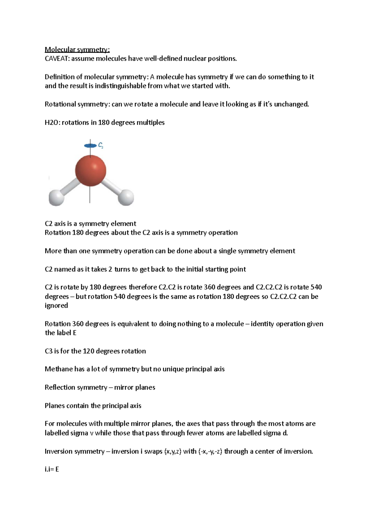 ESB exam notes - Molecular symmetry: CAVEAT: assume molecules have well ...