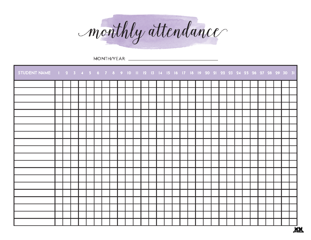 Printable Monthly School Attendance Sheet 6 - software project management - monthly attendance ...