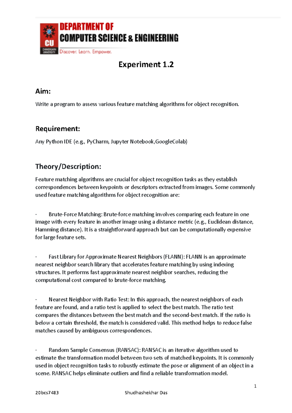 20bcs7483 shudhashekhar das cv1 2 - Experiment 1. Aim: Write a program ...