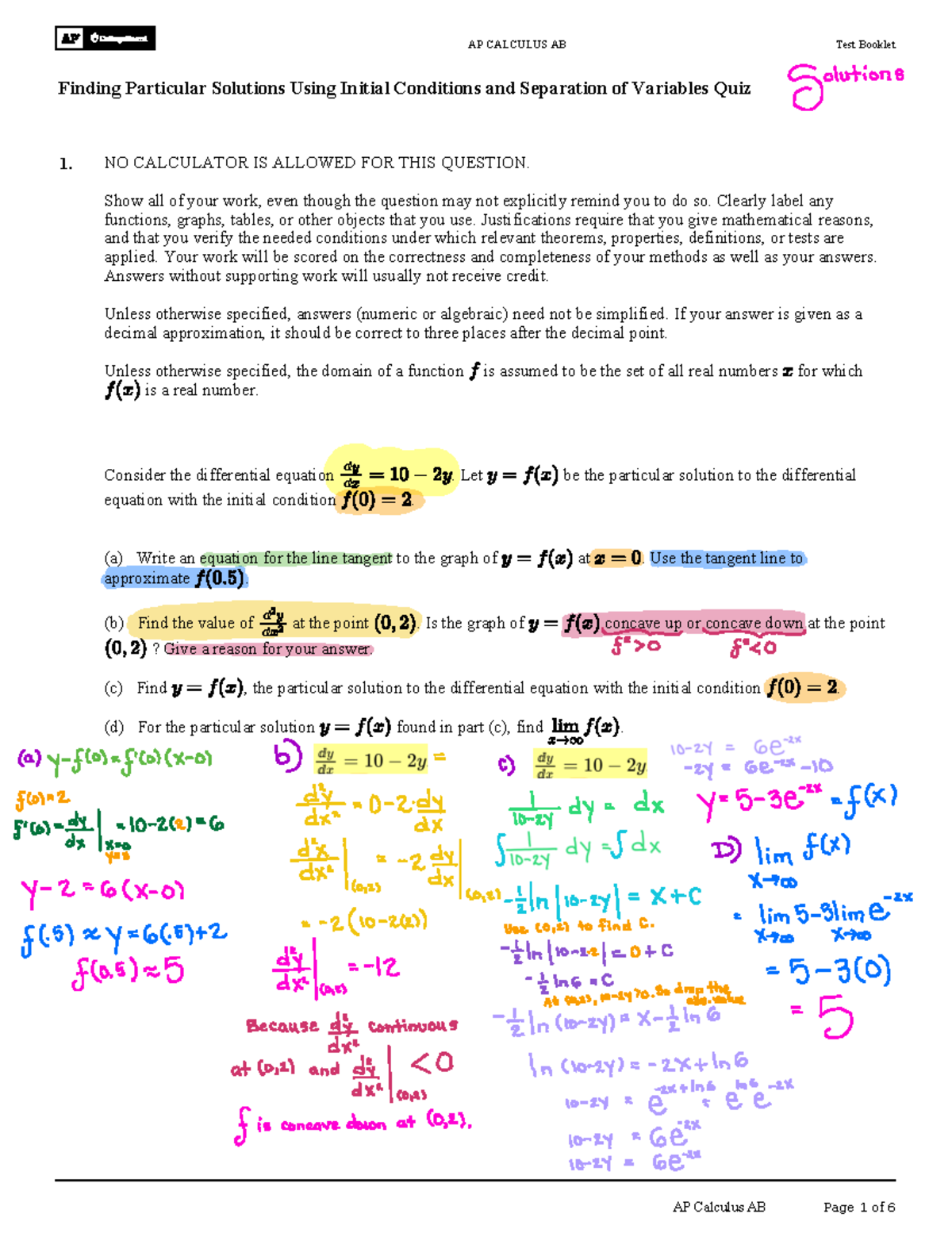 7.7 APC 7.7 Topic Questions Calc AB 23-24 SOL - NO CALCULATOR IS ...