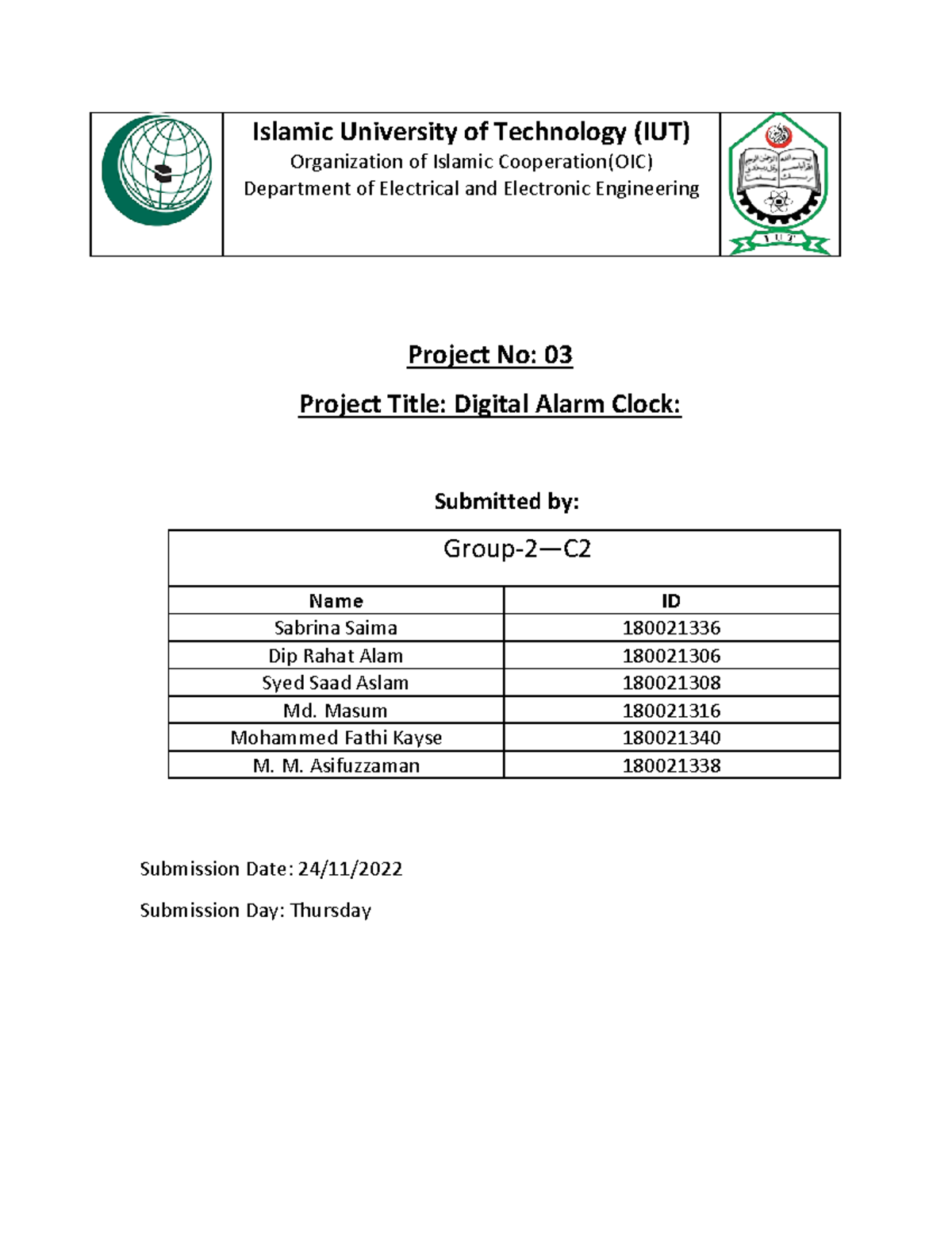 Group 2 C2 Digital Alarm Clock - Islamic University of Technology (IUT ...