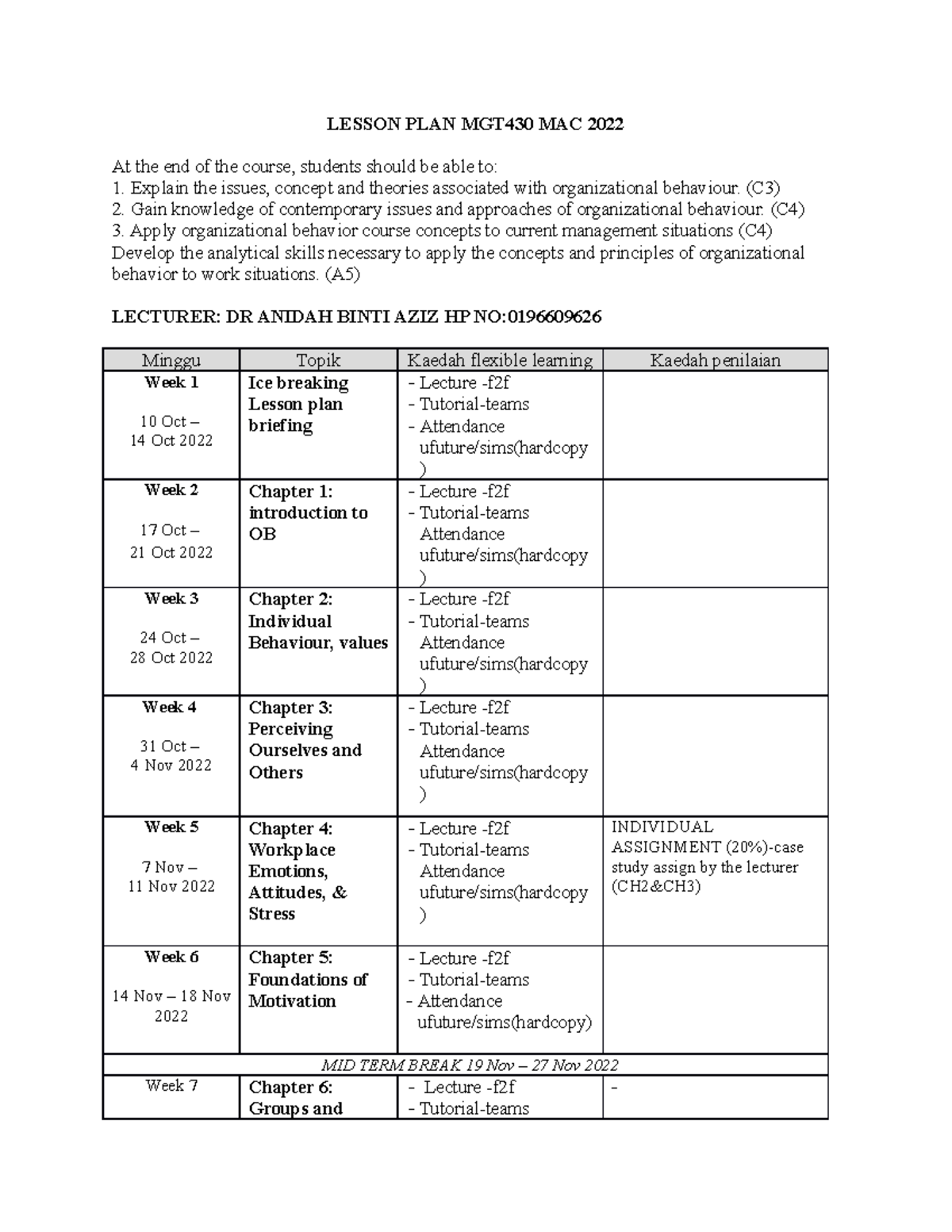 Lesson PLAN MGT430 OCT 2022 - LESSON PLAN MGT430 MAC 2022 At the end of ...