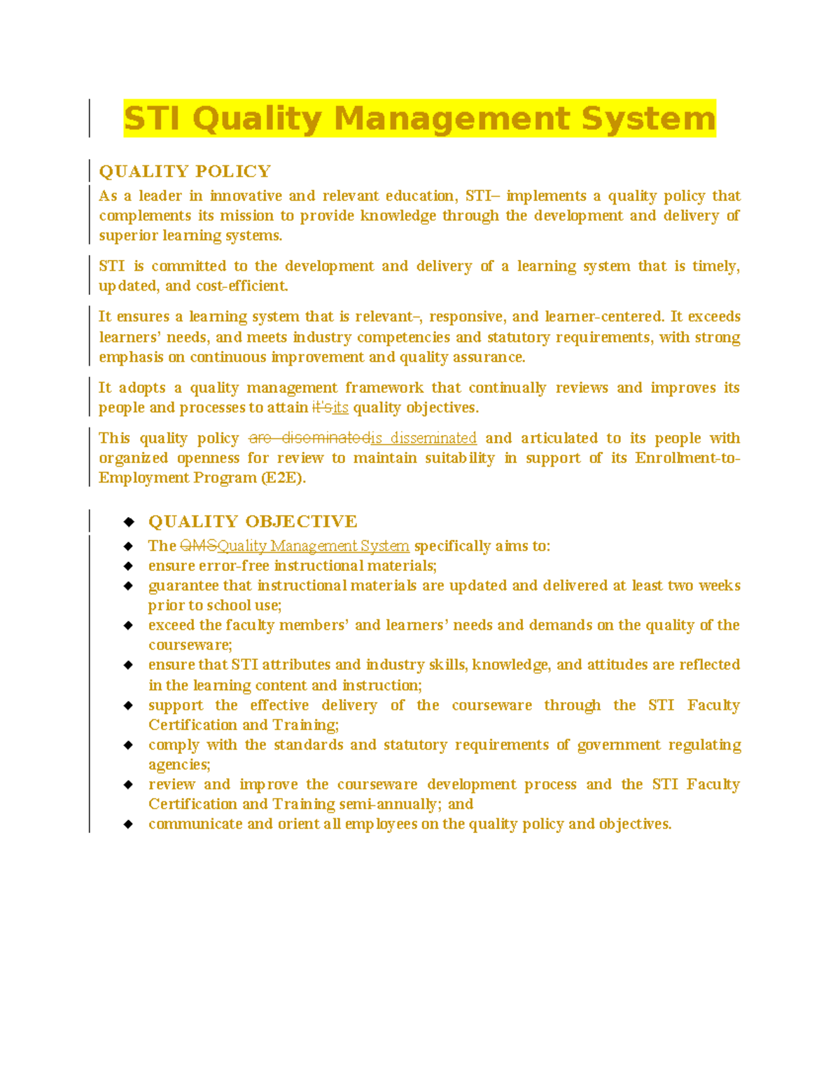 Sisnorio Clarrence 3LE4 - STI Quality Management System QUALITY POLICY ...