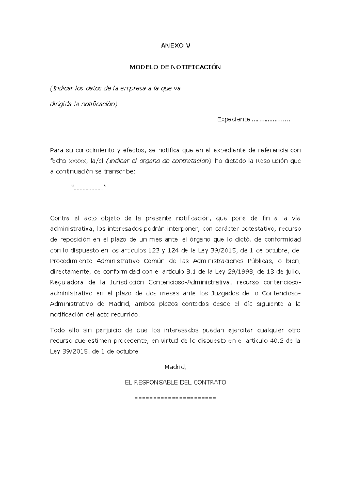 Anexo V. Modelo de notificación - ANEXO V MODELO DE NOTIFICACIÓN ...