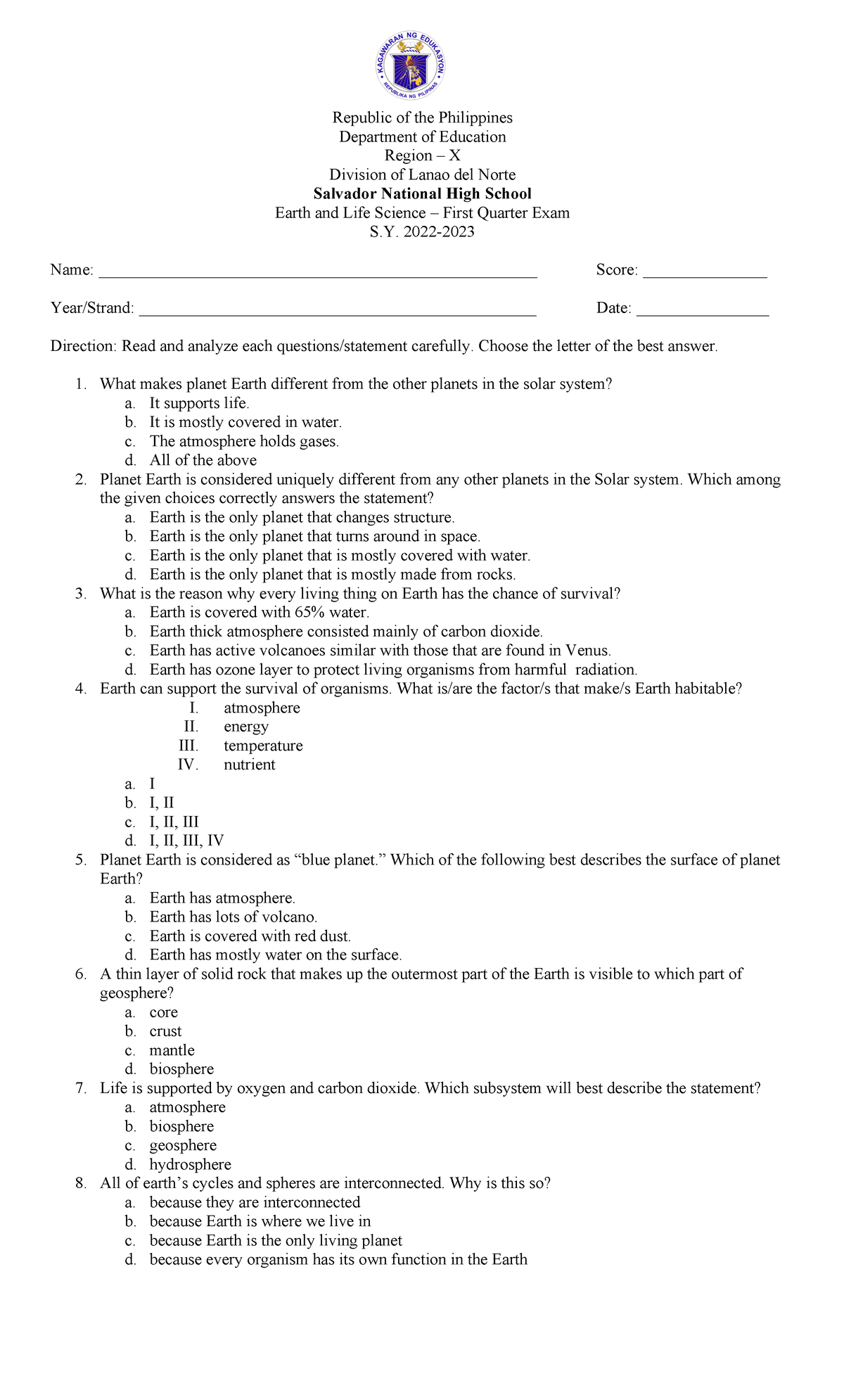 Earth and Life Q1 Exam - First Quarter Exam - Republic of the ...