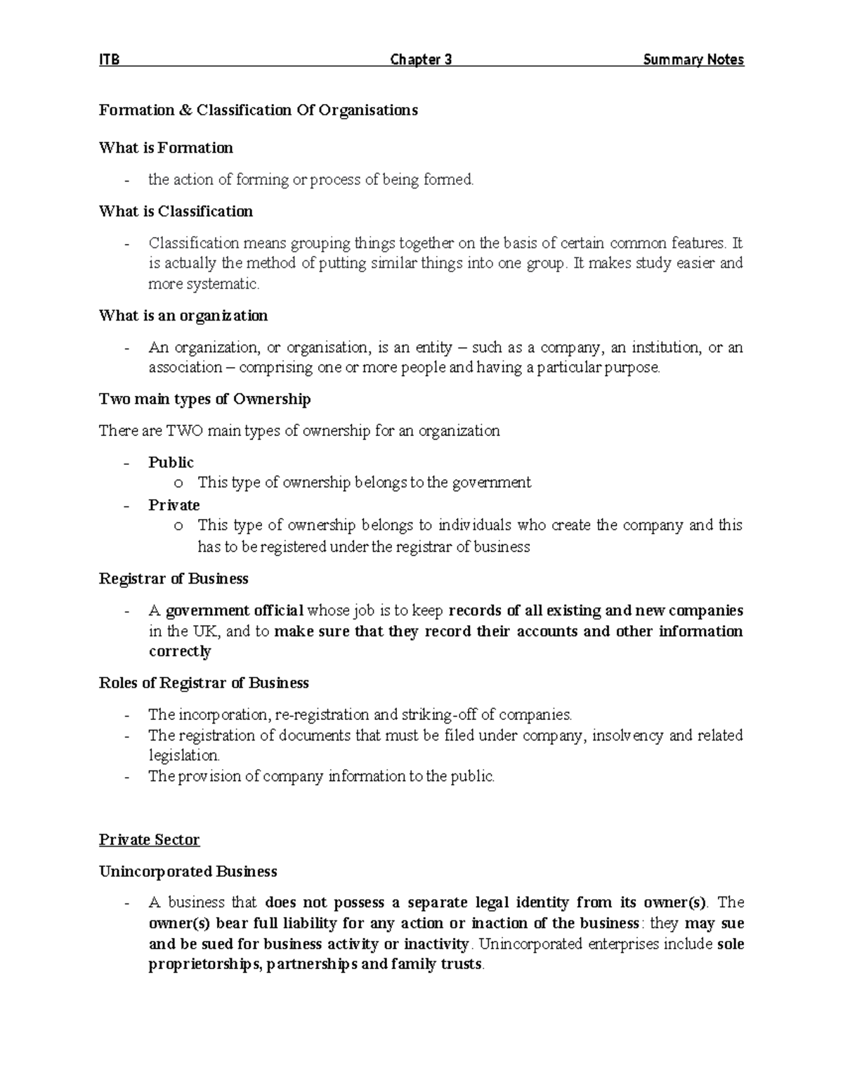 ITB Chapter 3 summary points - Formation & Classification Of Organisations What is Formation ...
