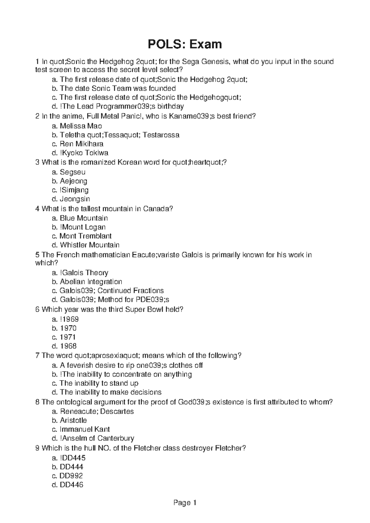 POLS167 Demonstration 10 - POLS: Exam 1 In quot;Sonic the Hedgehog ...