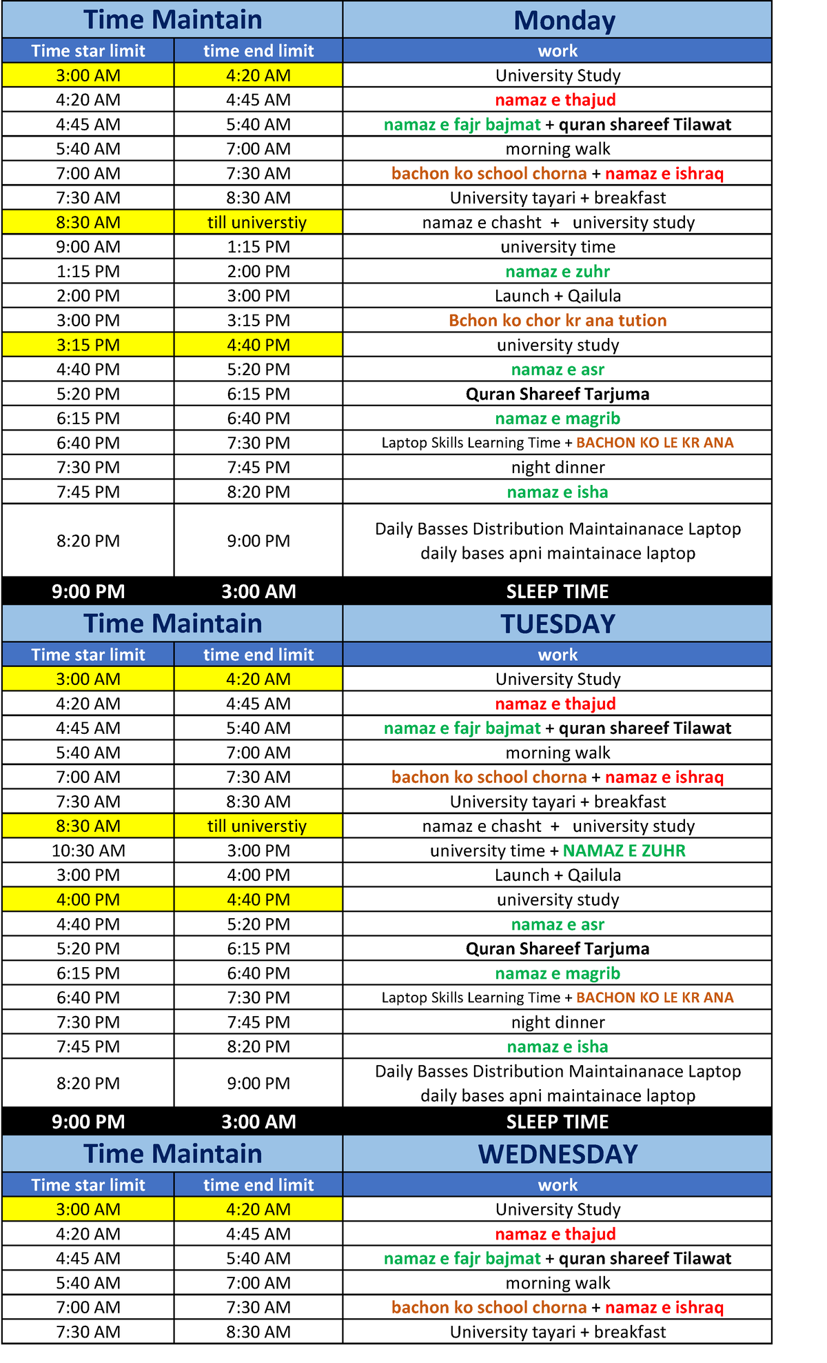 MY Timetable September Month - Monday Time star limit time end limit ...