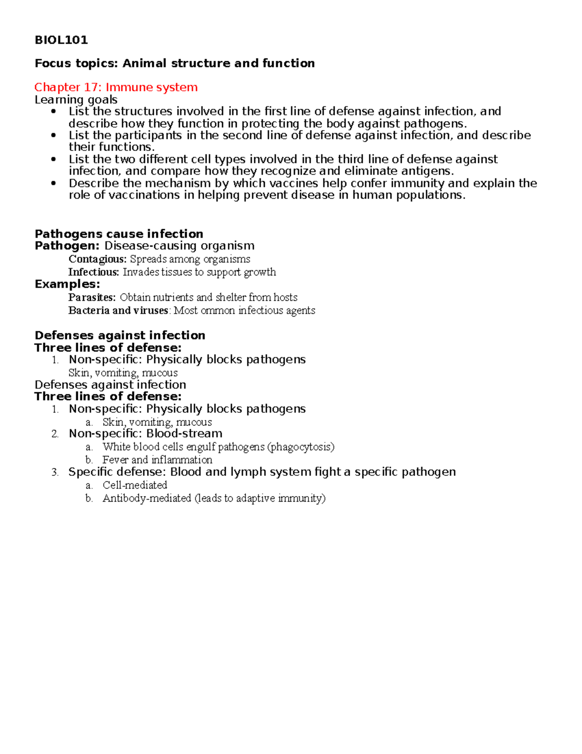BIOL101 Chapter 17 notes - BIOL Focus topics: Animal structure and ...