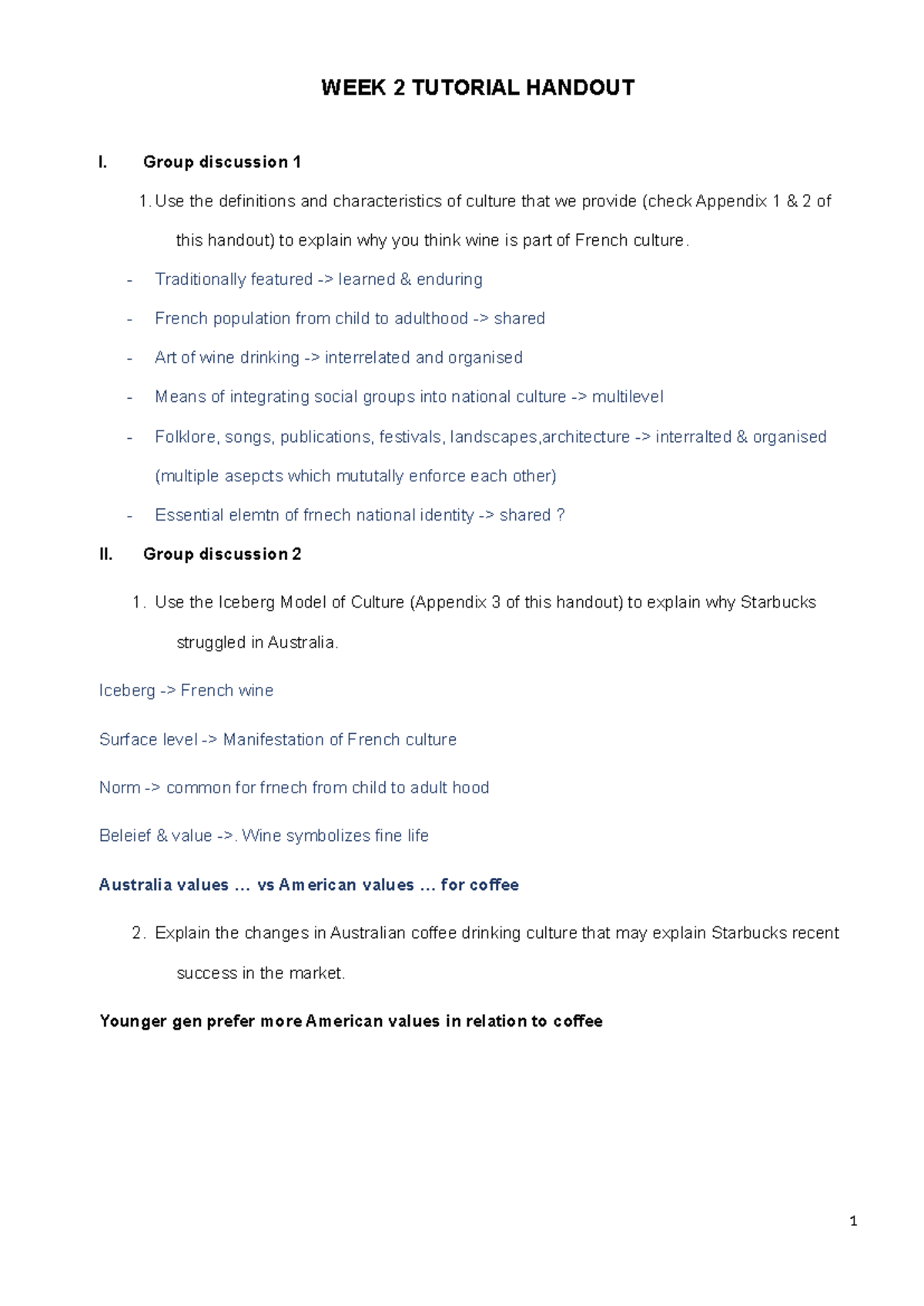 Week 2 Tutorial Handout - WEEK 2 TUTORIAL HANDOUT I. Group discussion 1 1. Use the definitions ...