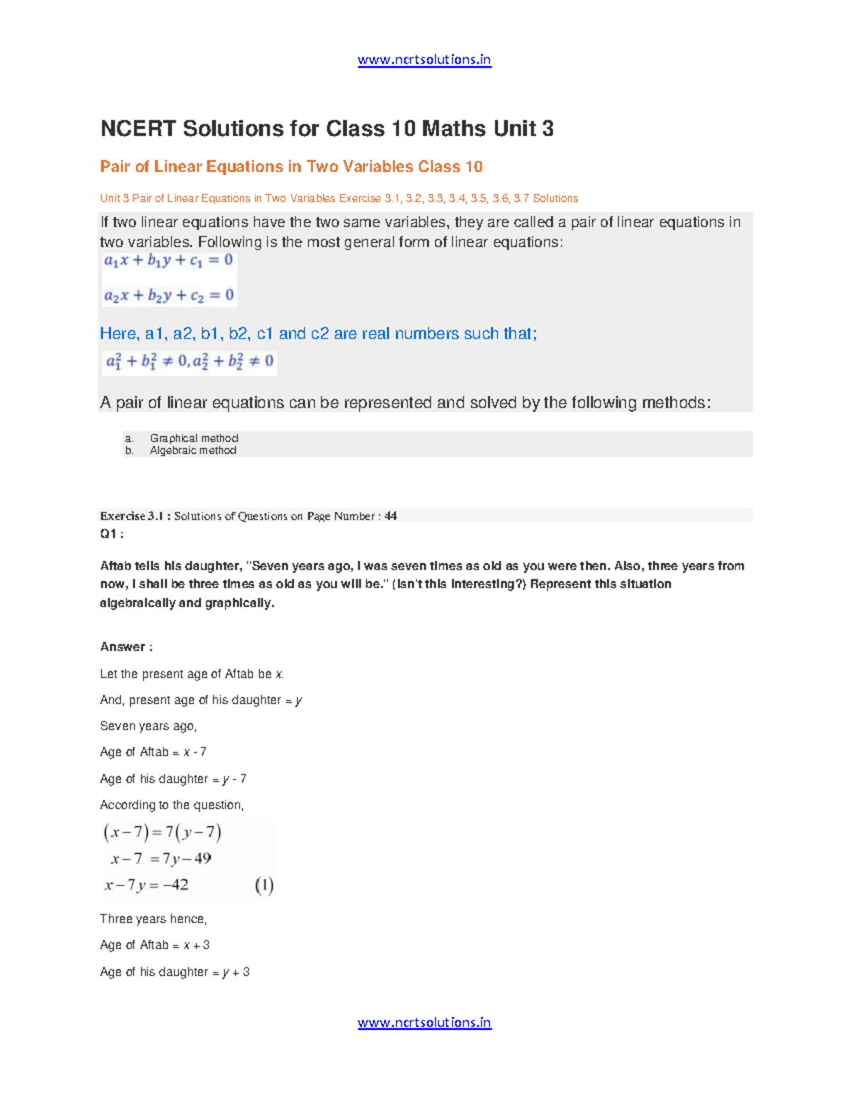 Chapter 3 pair of linear equations in two variables - NCERT Solutions ...