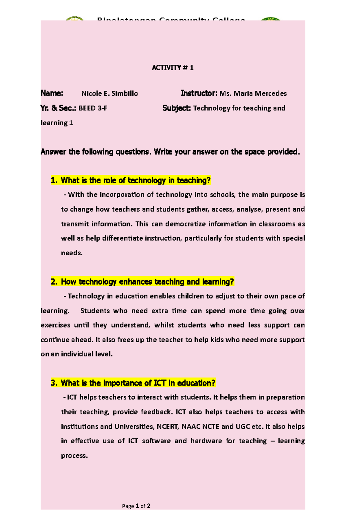 Teaching AND Learning- Activity-1 - Technology for Teaching and ...