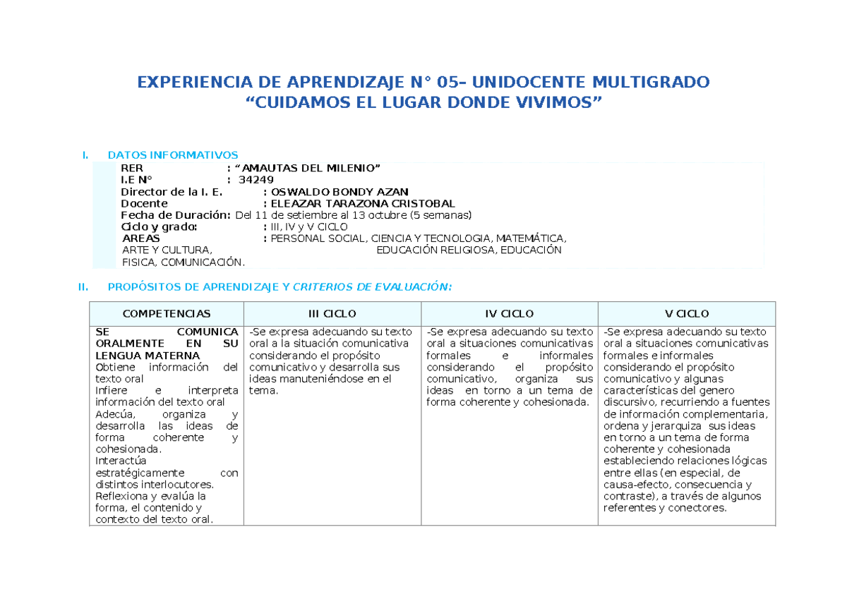 Experiencia DE Aprendizaje N 5 - EXPERIENCIA DE APRENDIZAJE N° 05– UNIDOCENTE MULTIGRADO ...