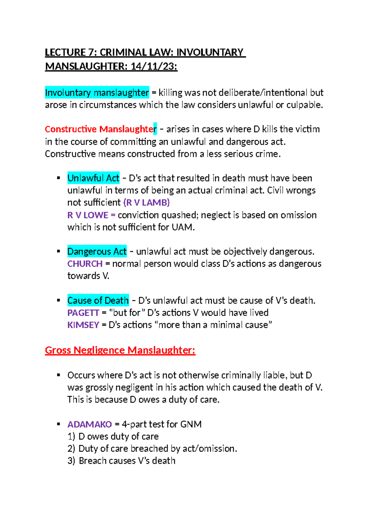 Involuntary Manslaughter - LECTURE 7: CRIMINAL LAW: INVOLUNTARY ...