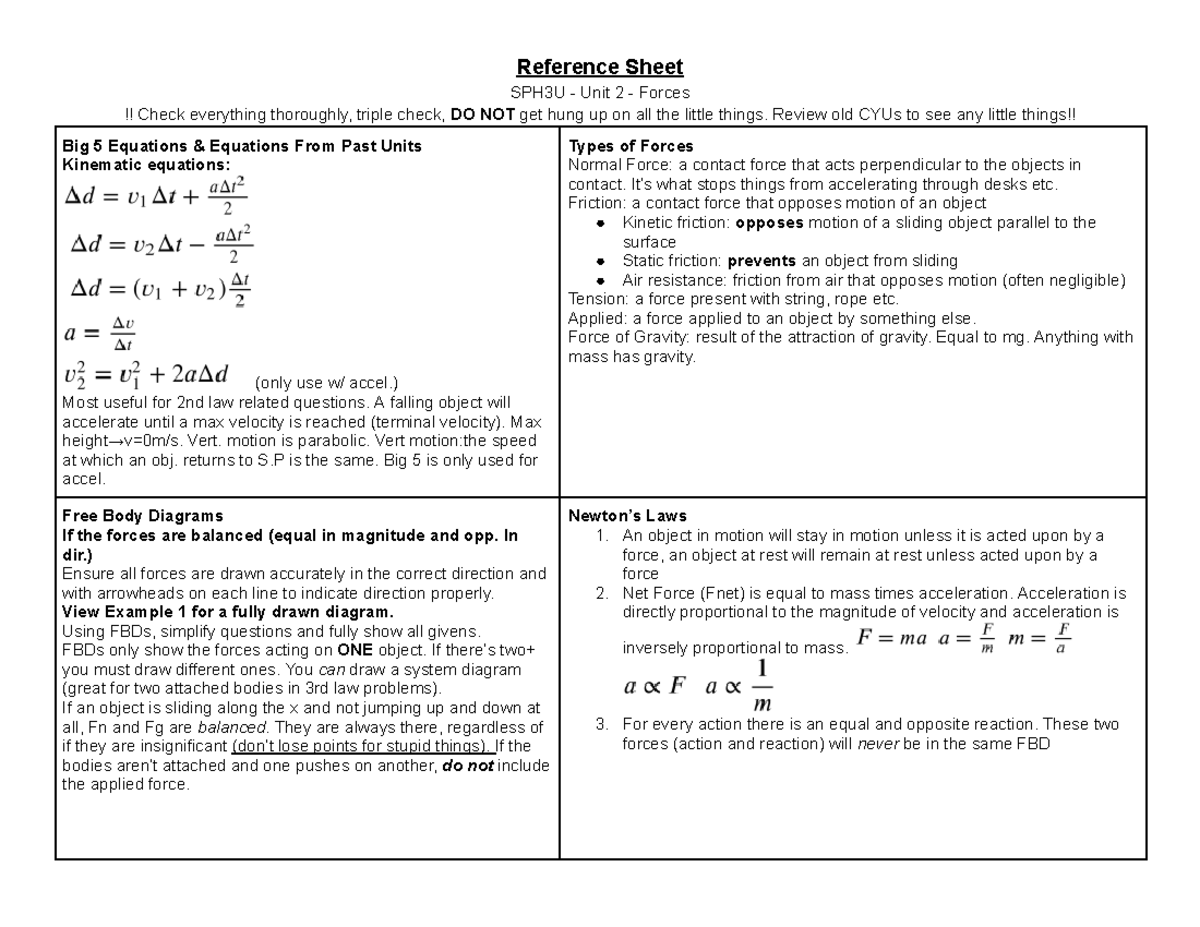 Summary sheet for Newtons Laws and Forces- Grade 11 - Reference Sheet ...