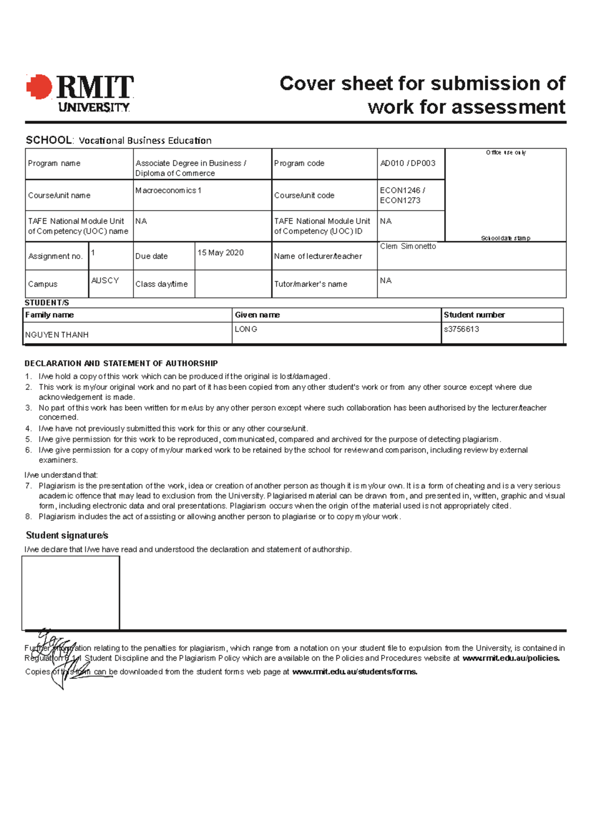 Assignment 2, Nguyen Thanh LONG, s3756613 - Cover sheet for submission ...