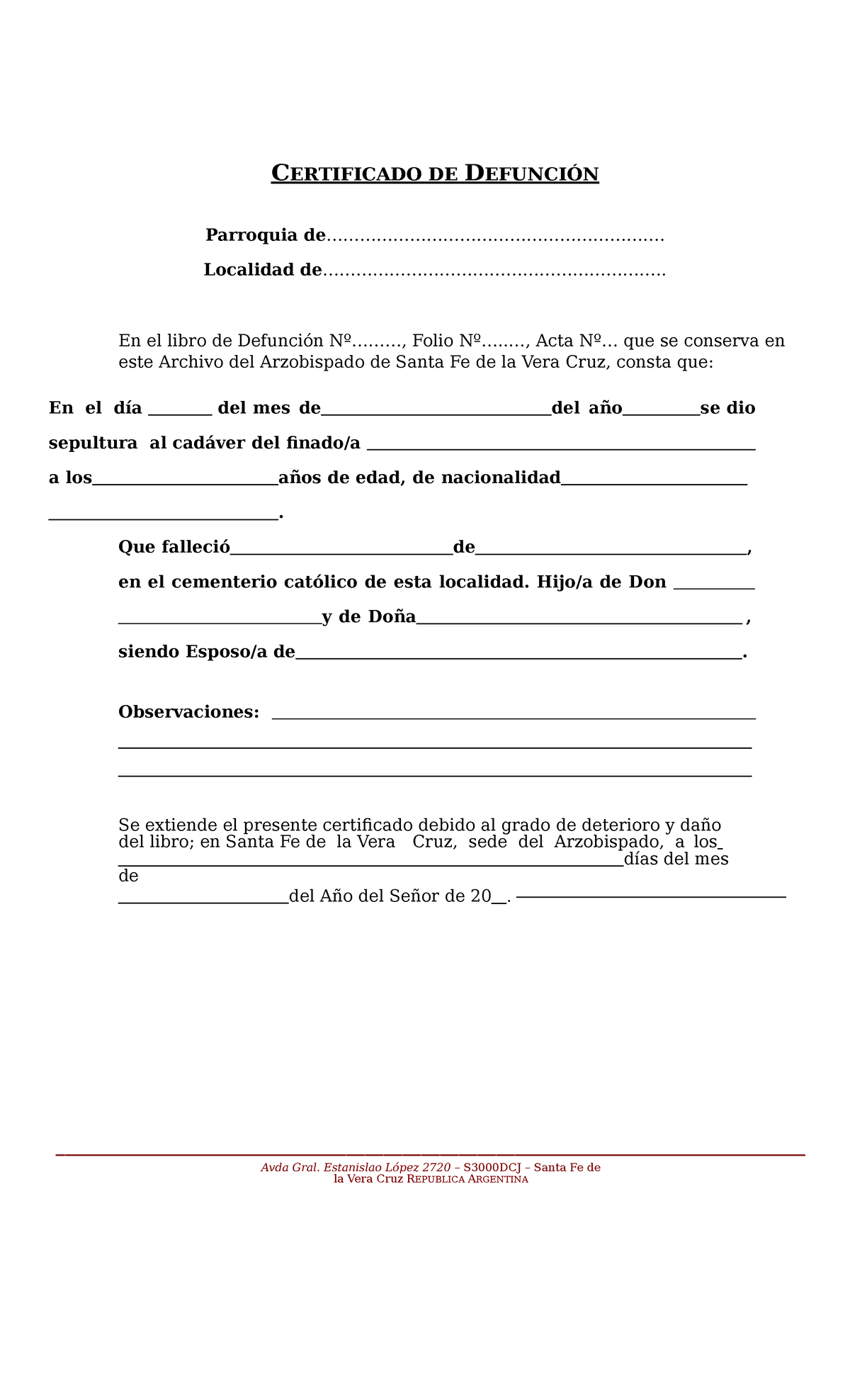 Carta De Acta De Defuncion